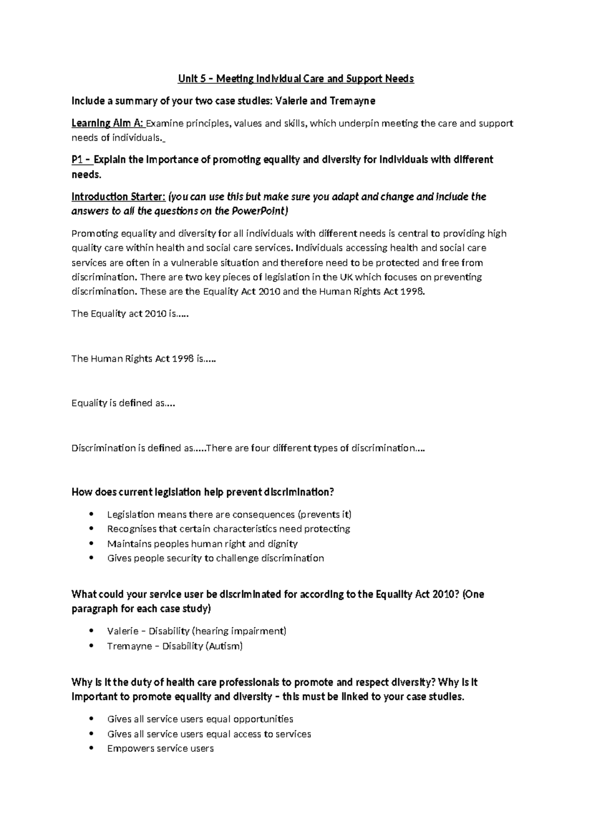 Learning Aim A Help Sheet - Unit 5 – Meeting Individual Care and ...