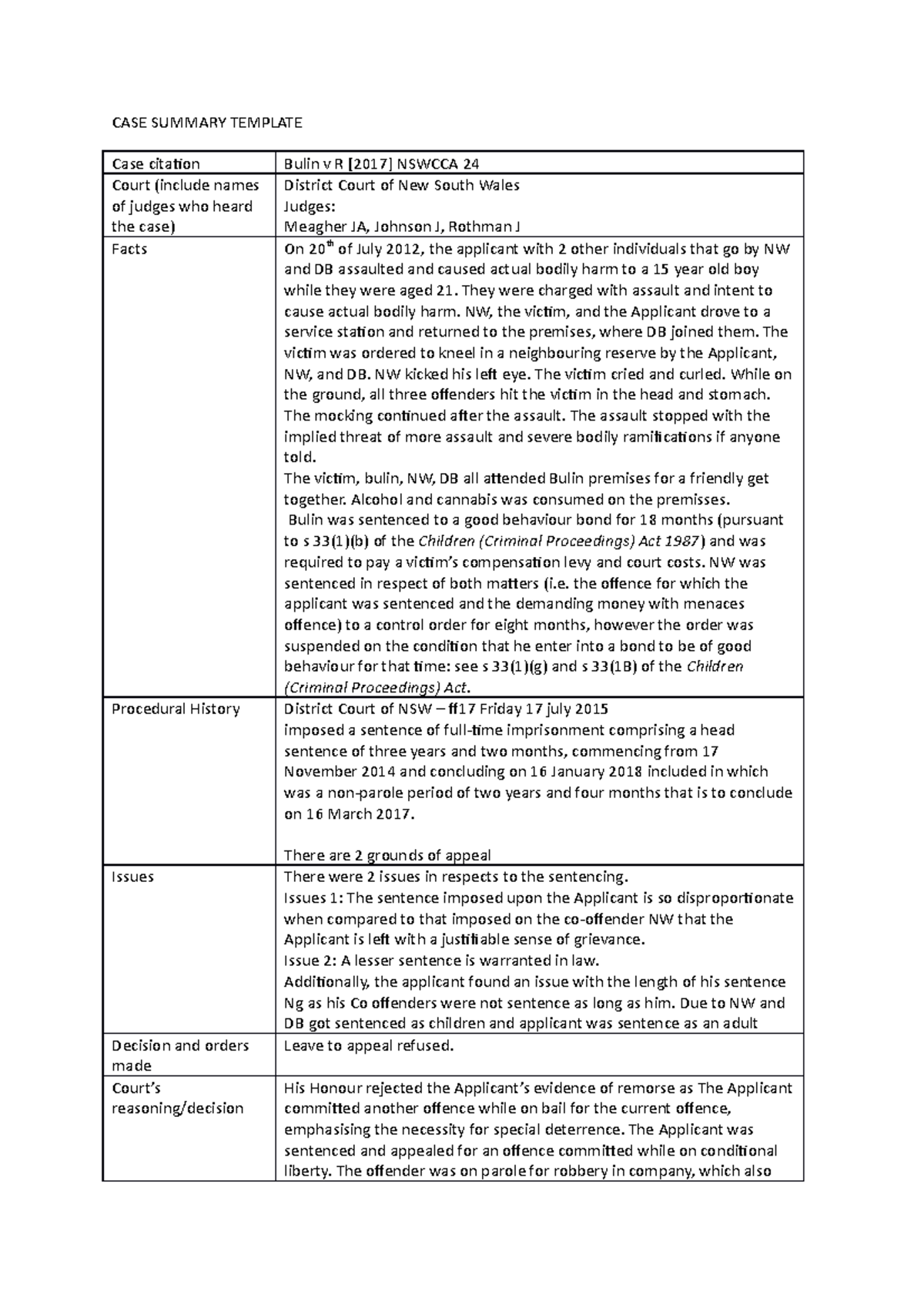 Case summary - I got a pass lol - CASE SUMMARY TEMPLATE Case citation ...