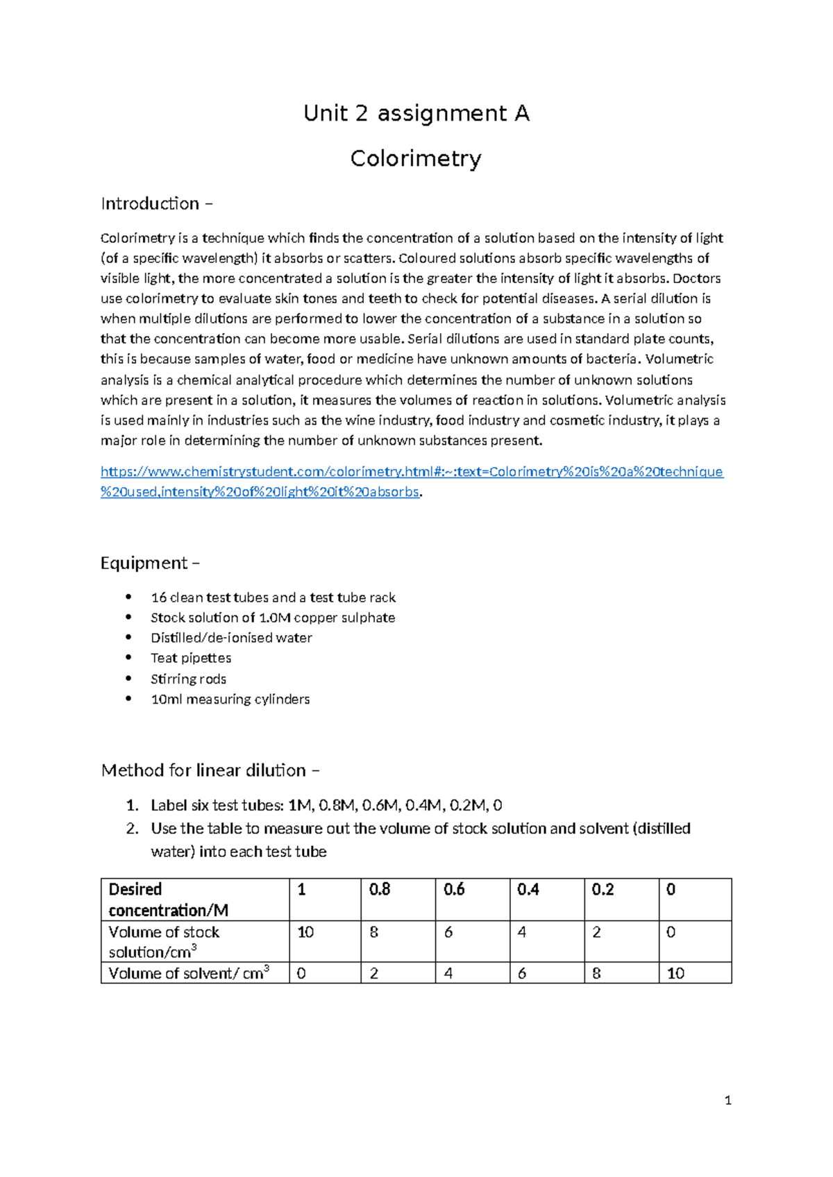 Unit 2 assignment A - Colorimetry - Unit 2 assignment A Colorimetry ...