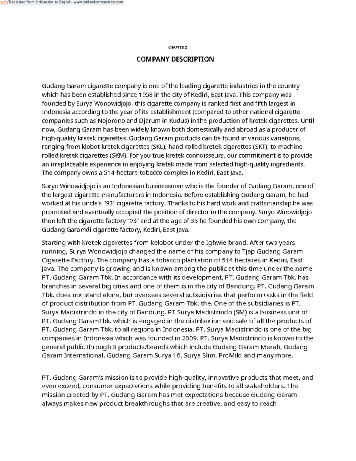 GGRM Company Description - Translated from Indonesian to English ...