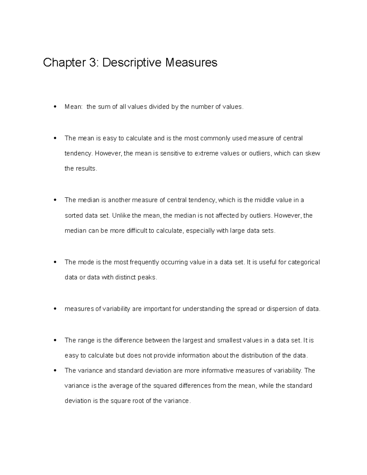MA-150 Statistics I, Chapter 3 Notes - Chapter 3: Descriptive Measures ...