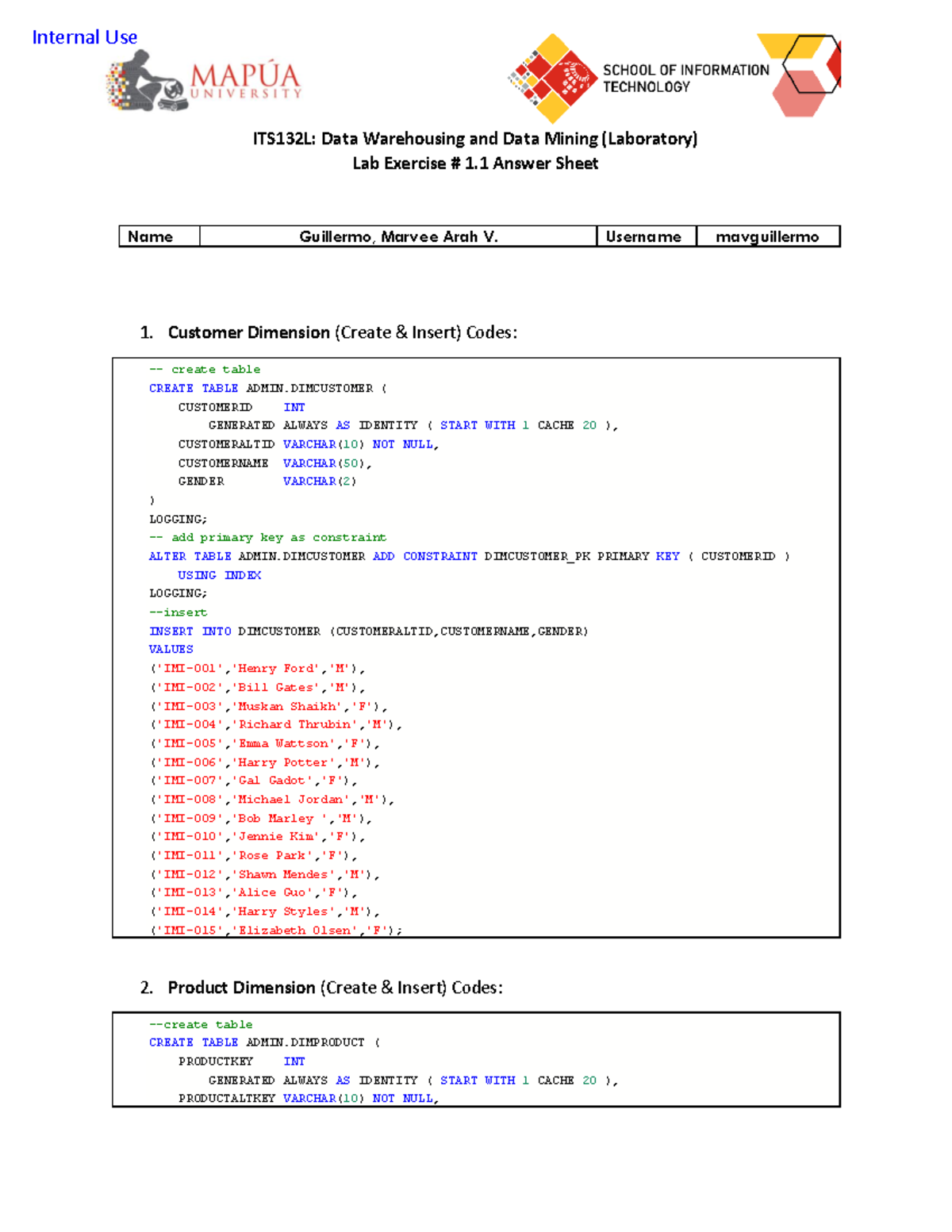 Computer Science- Data Warehousing - SQL and Star Schema- Lab Activity 1 - ITS132L: Data ...