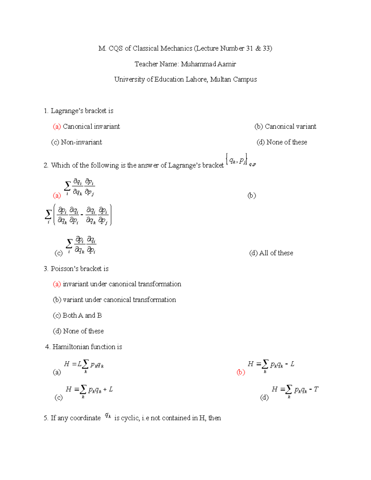 Classical Mechanics Mcq M CQS Of Classical Mechanics Lecture Number