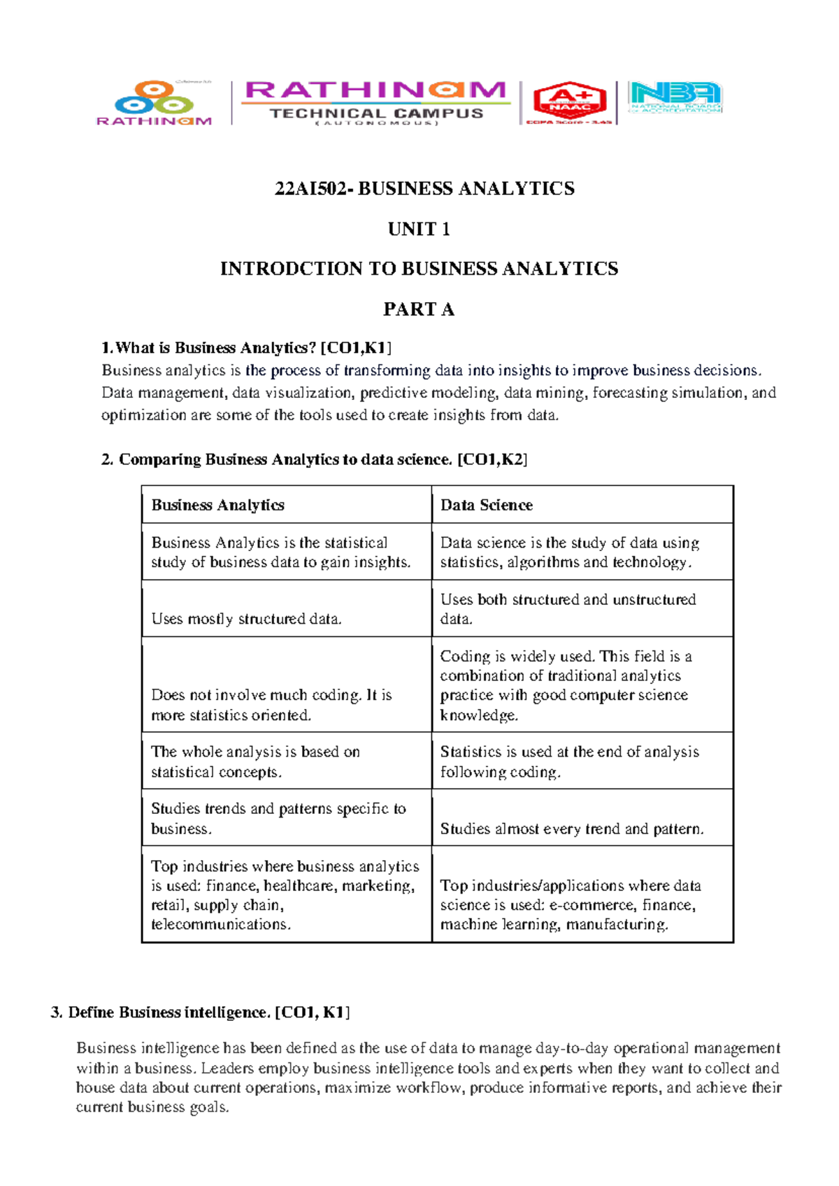 22AI502- Business Analytics[ - 22AI502- BUSINESS ANALYTICS UNIT 1 ...