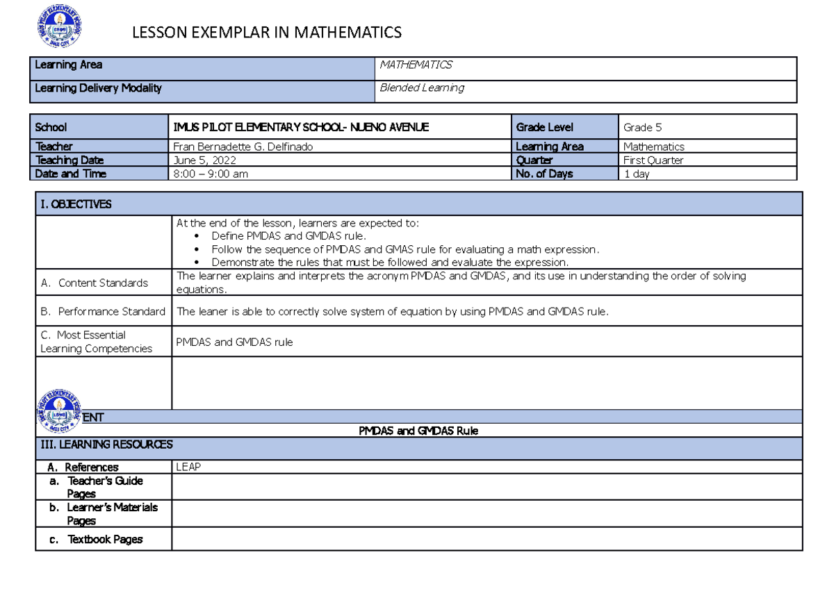 Pmdas and Gmdas rule Lesson Exemplar - Learning Area MATHEMATICS ...