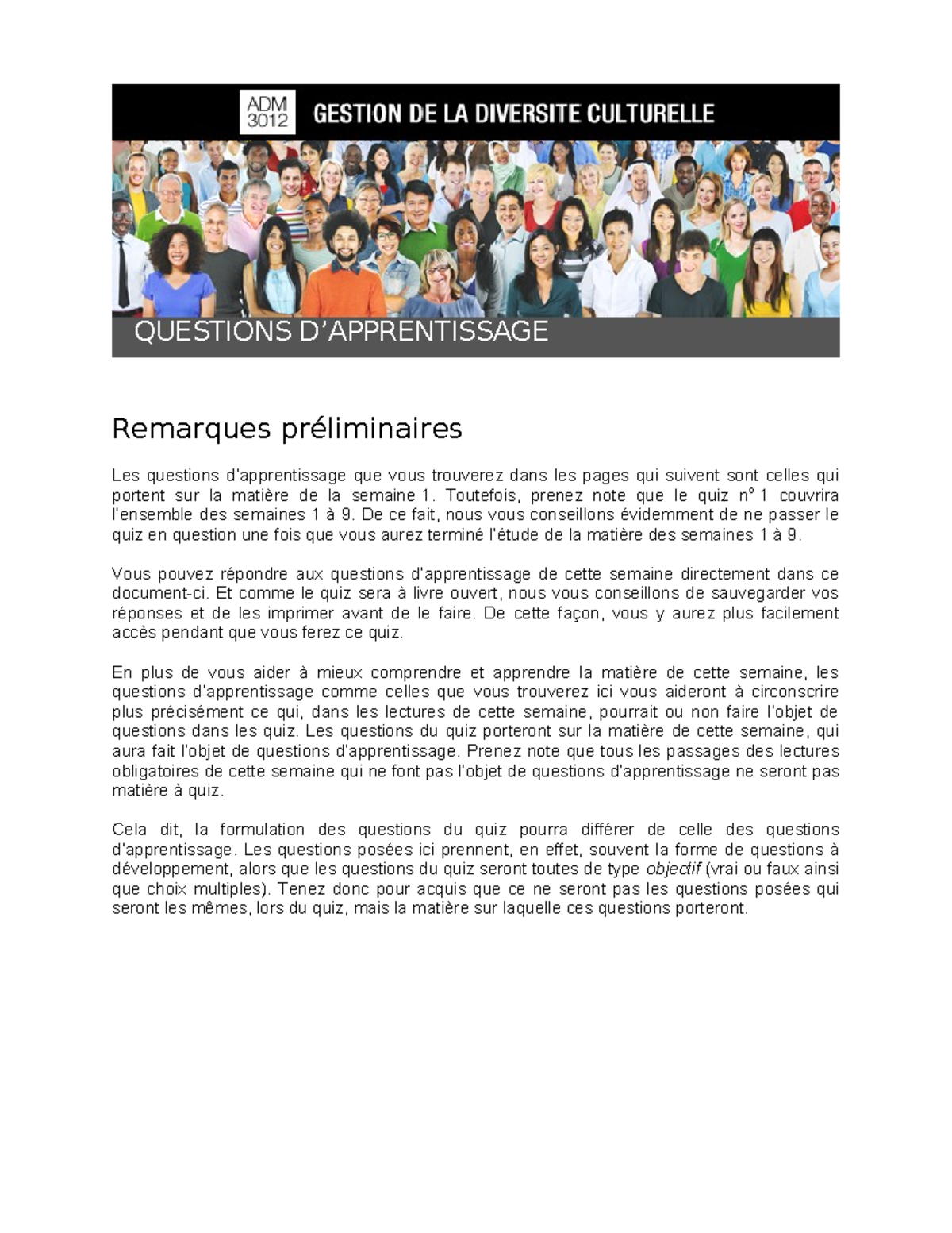 Questions semaine 1 - QUESTIONS D’APPRENTISSAGE QUESTIONS D ...