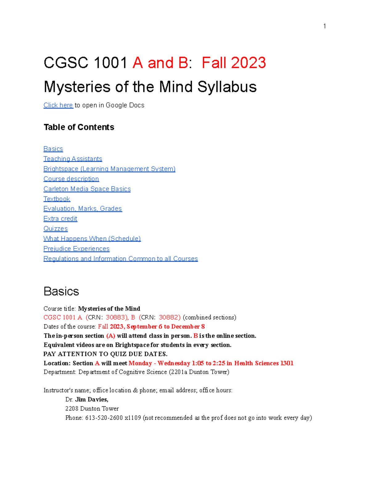 CGSC1001 Syllabus Mysteries of the Mind - CGSC 1001 A and B: Fall 2023 ...