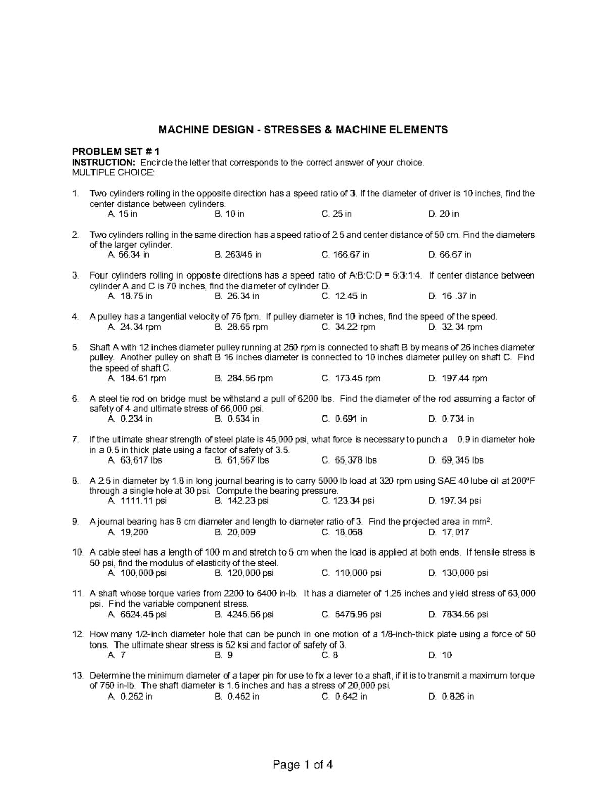 Problem Set MD Day 1 - ABOUT MD PRACTICE - MACHINE DESIGN - STRESSES & MACHINE ELEMENTS PROBLEM ...