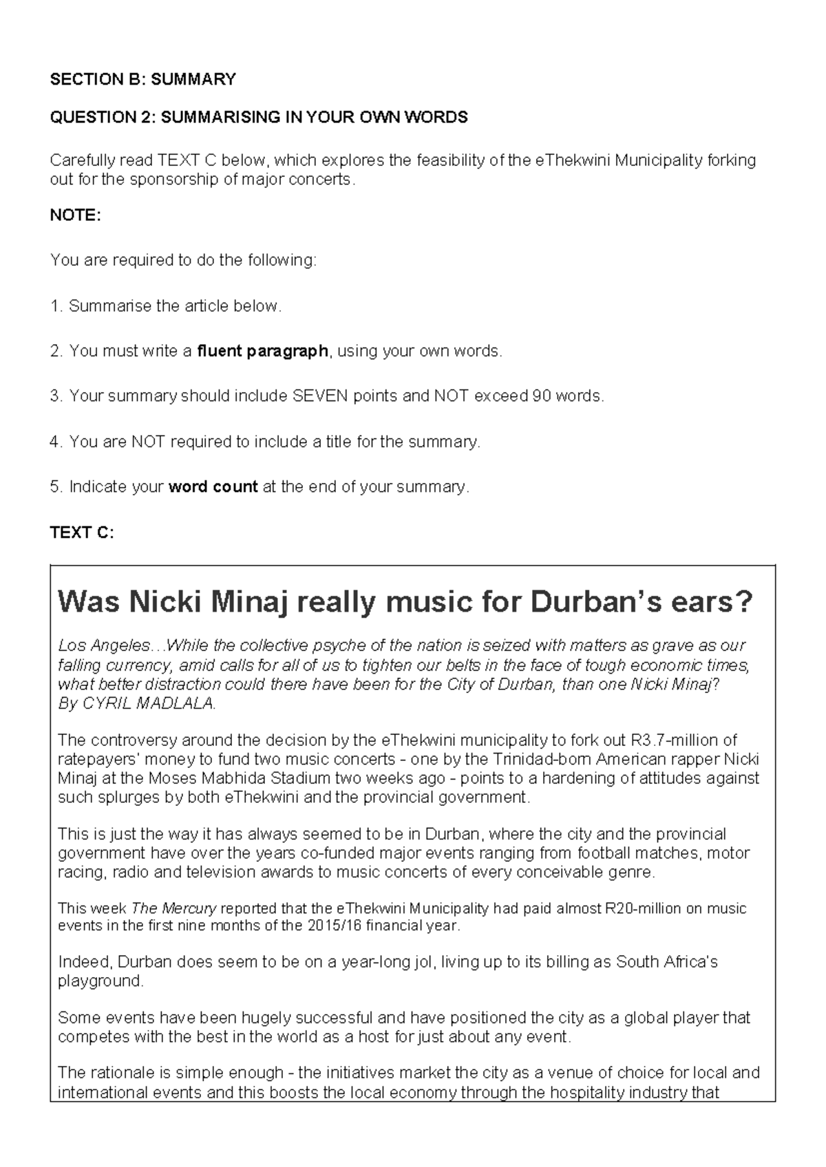 ENG Paper 1 MOD - SECTION B: SUMMARY QUESTION 2: SUMMARISING IN YOUR OWN WORDS Carefully read ...