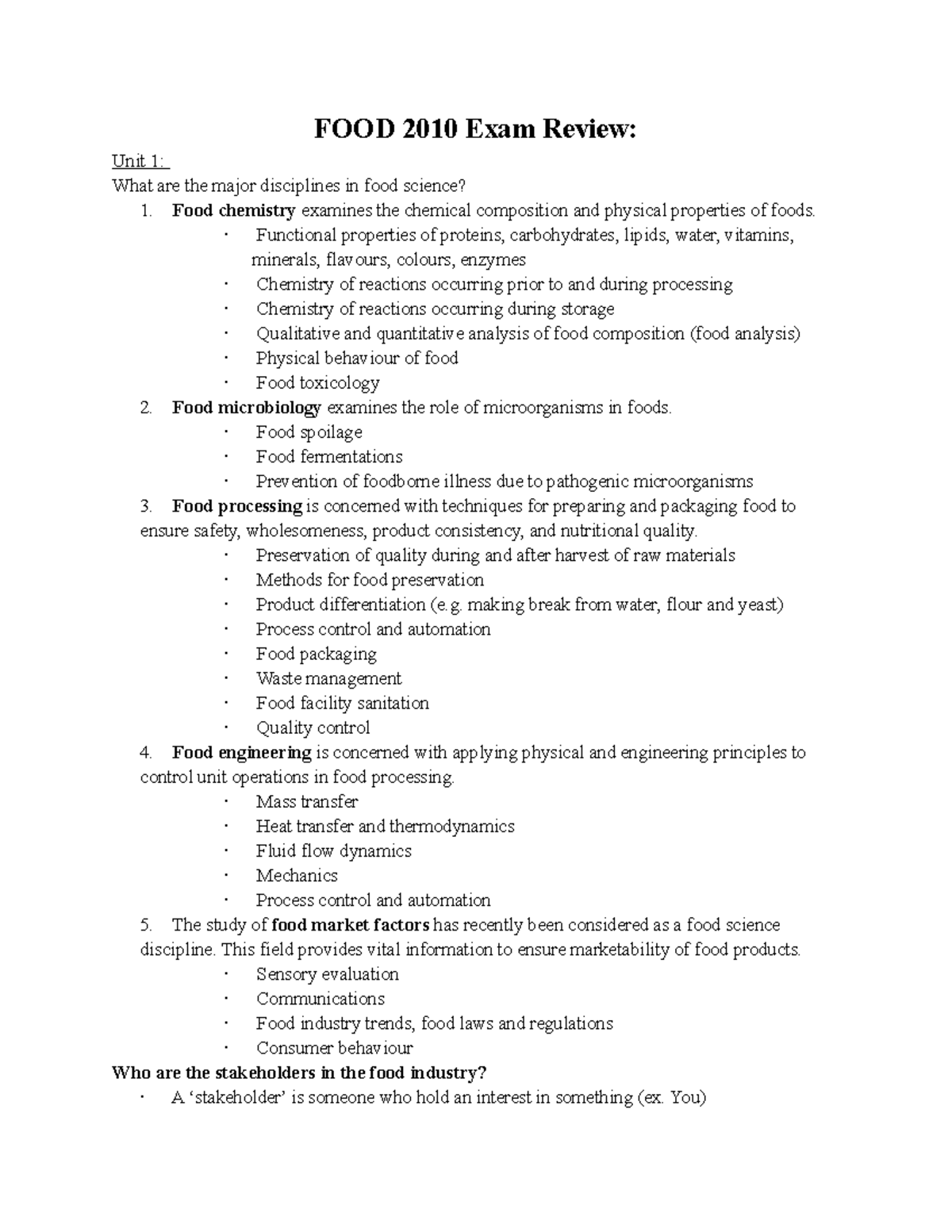 Food 2010 Exam Notes - FOOD 2010 Exam Review: Unit 1: What are the ...