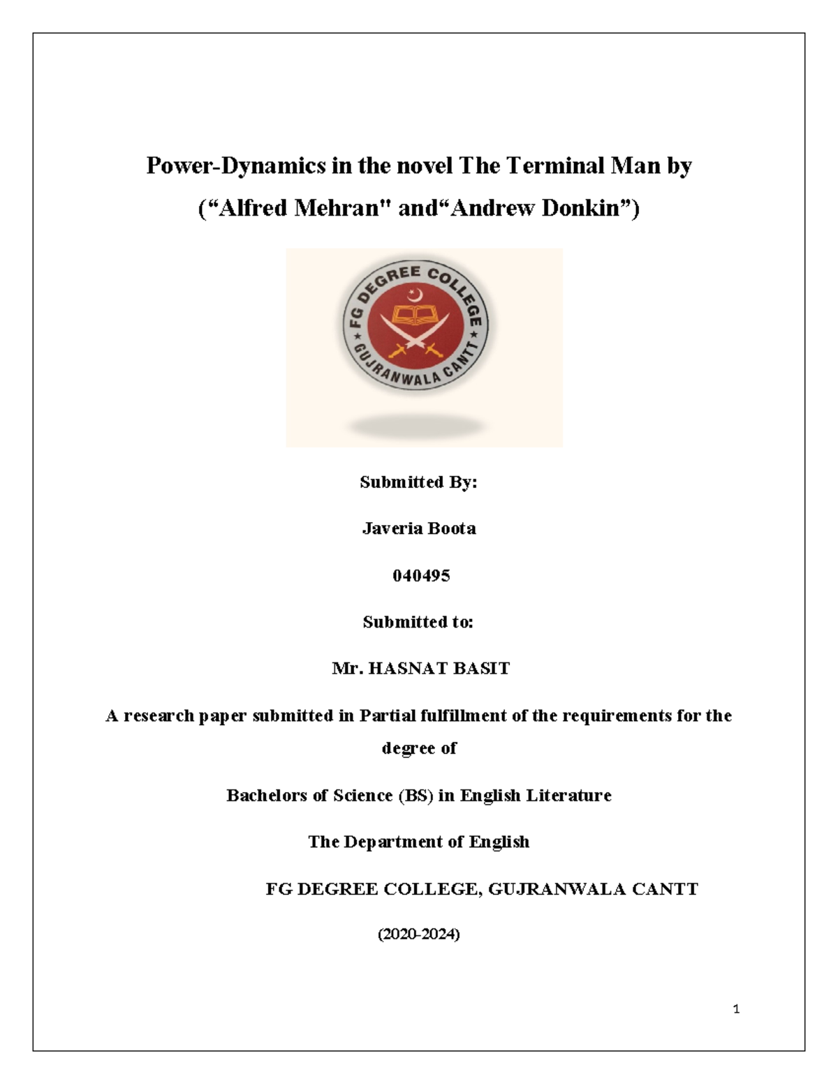 Edit Thesis-Javeria-1 - Power-Dynamics in the novel The Terminal Man by ...