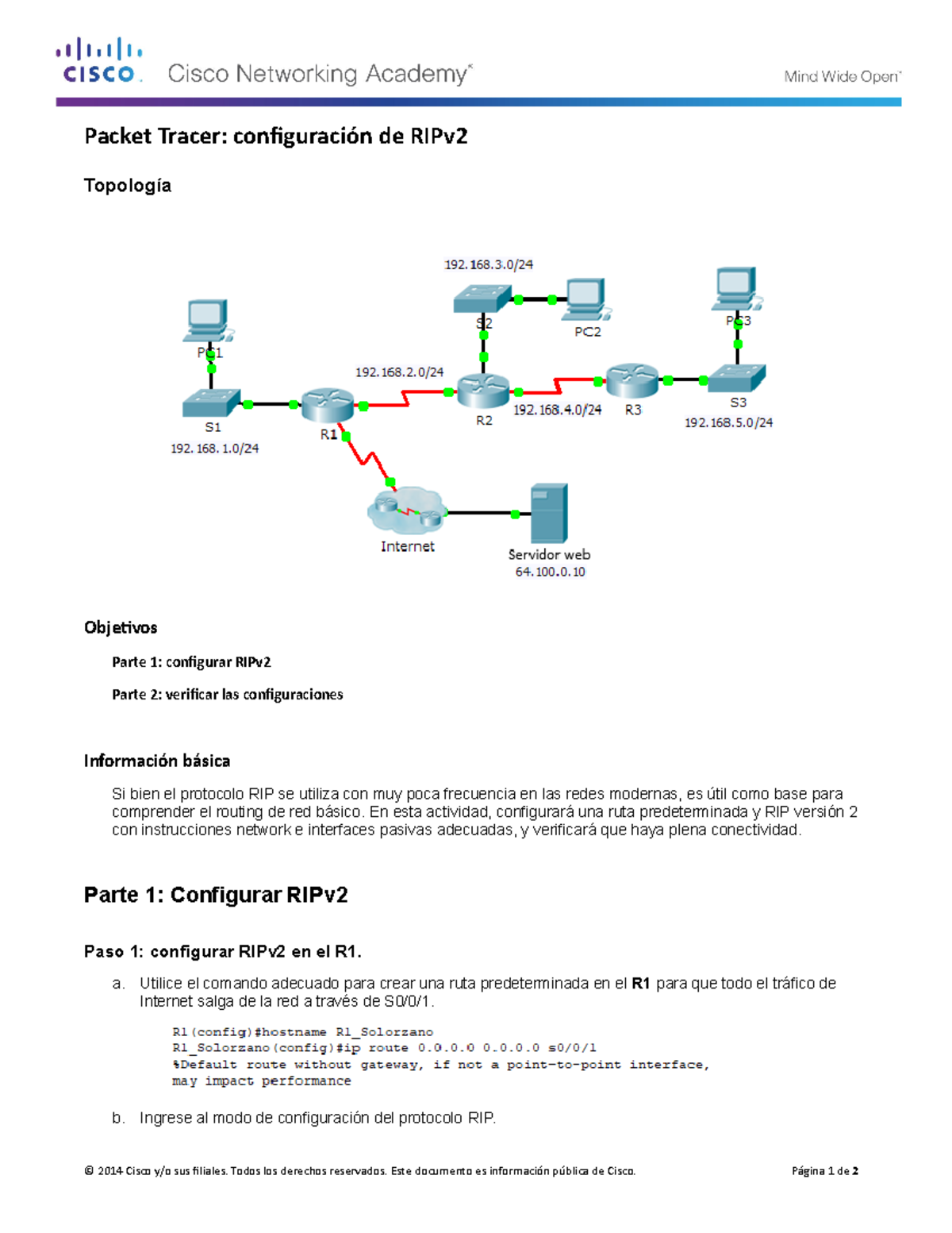 Configuring RIPv2 Instructions - © 2014 Cisco y/o sus filiales. Todos ...