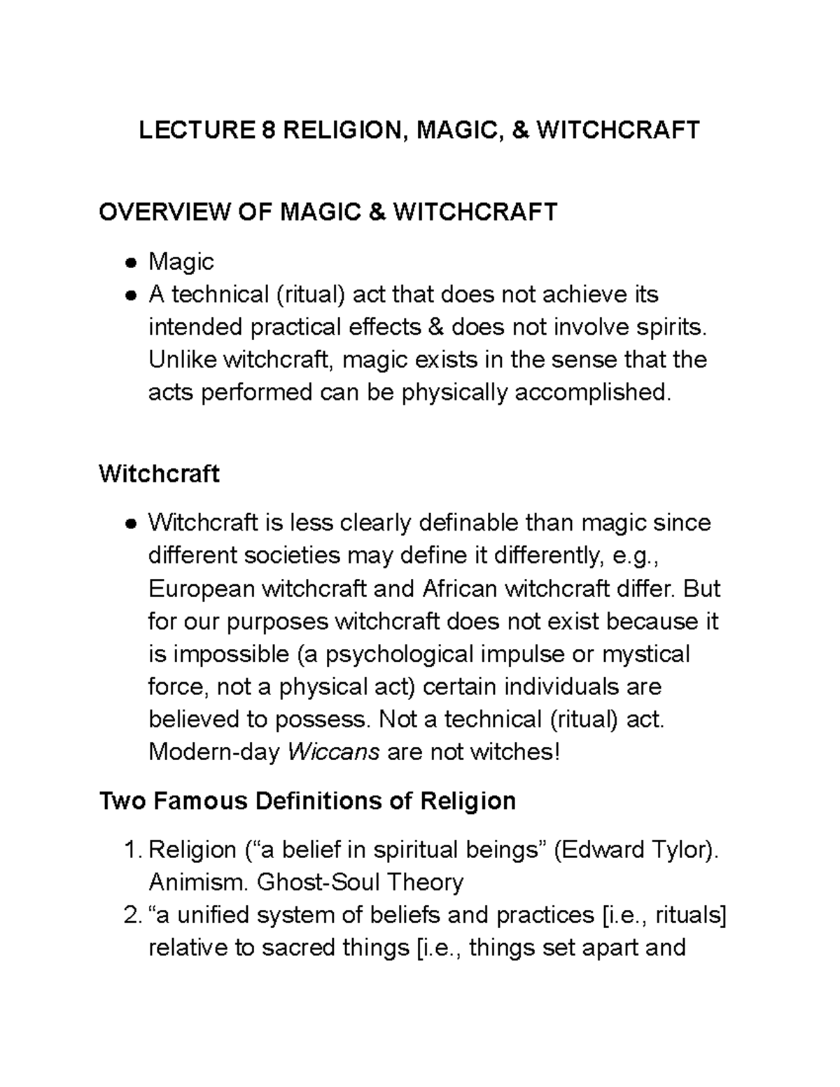 ANT 102 Lecture #8 Notes - LECTURE 8 RELIGION, MAGIC, & WITCHCRAFT ...
