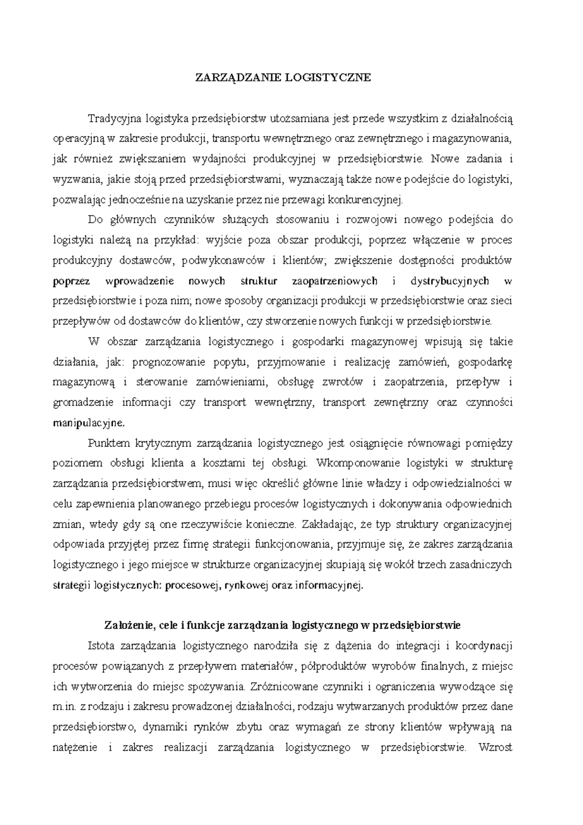 Teoria - fajna praca - ZARZĄDZANIE LOGISTYCZNE Tradycyjna logistyka ...