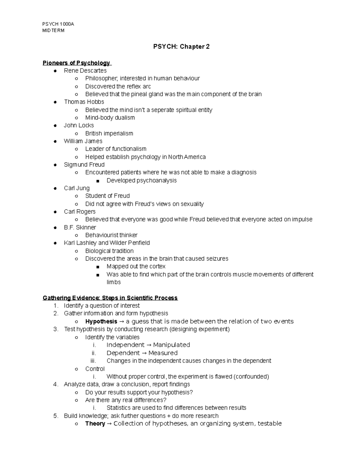 Psych Chapter 2 Notes - PSYCH 1000A MIDTERM PSYCH: Chapter 2 Pioneers ...