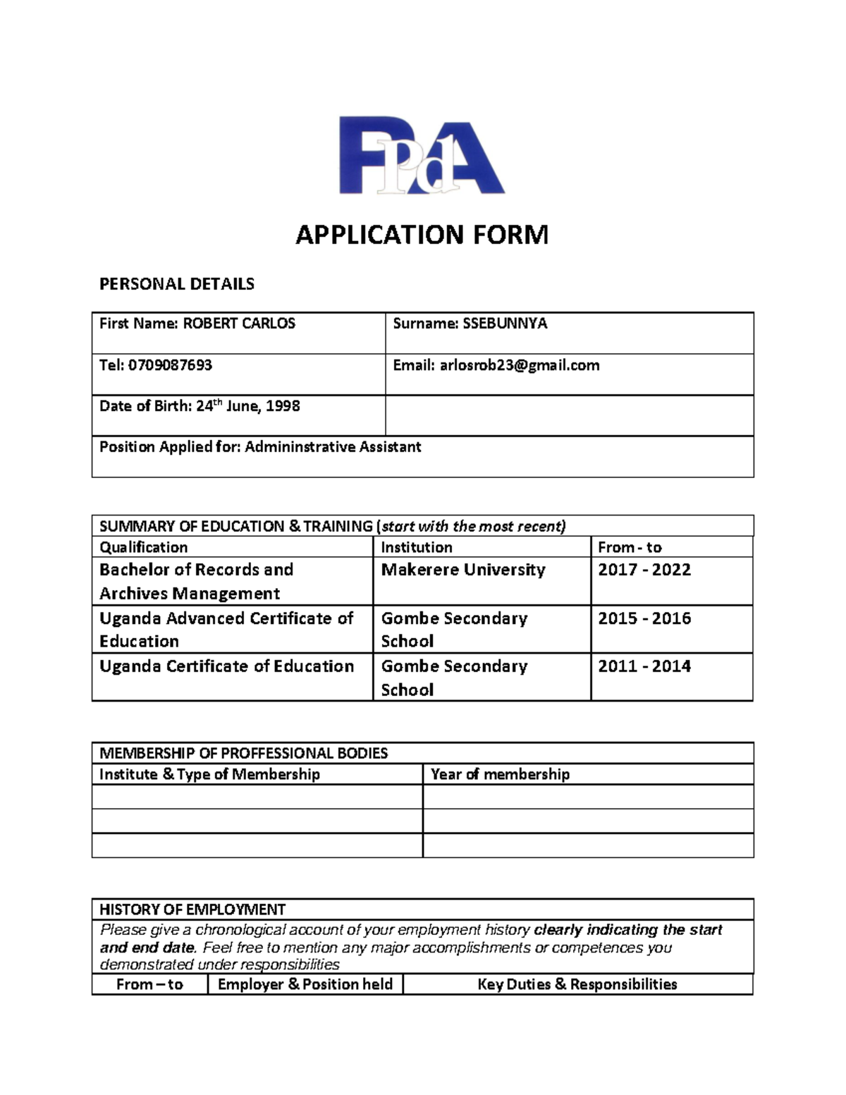Application for th Position of Administrative Assistant - APPLICATION FORM PERSONAL DETAILS ...