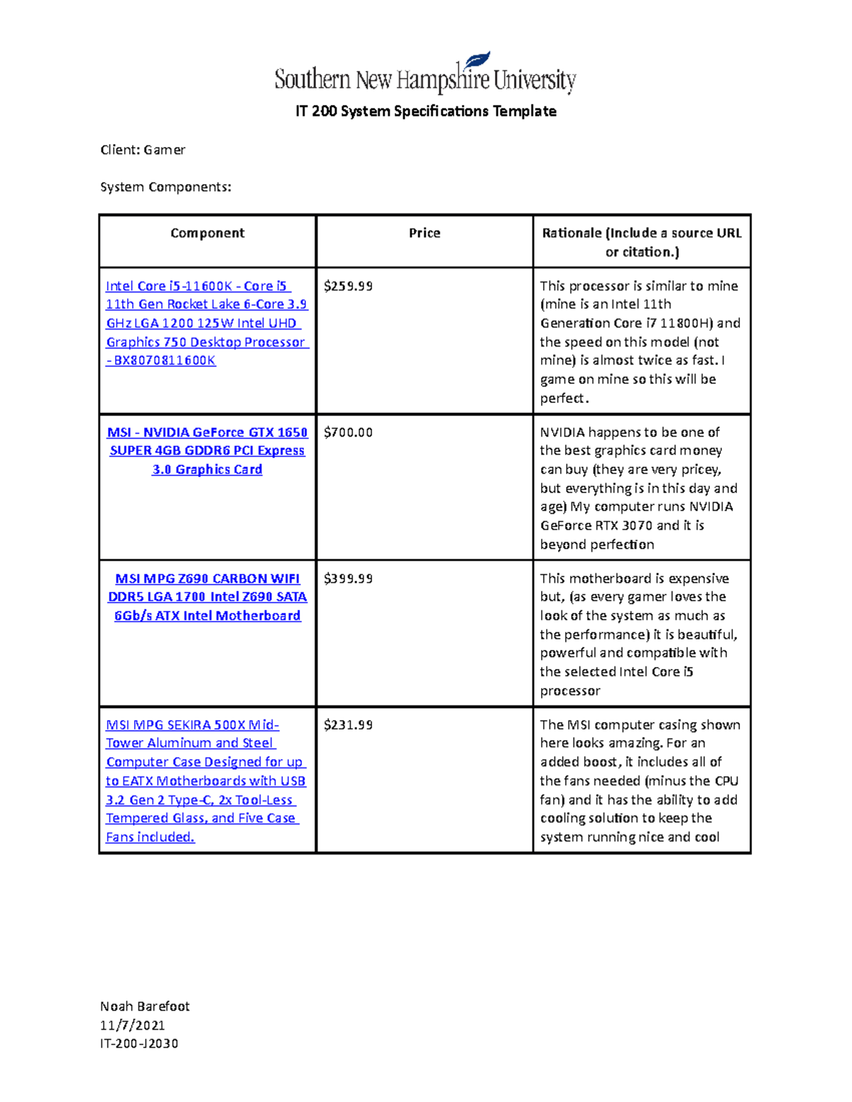 2-1 Activity Constructing a Computer System - IT 200 System Specifications Template Client ...