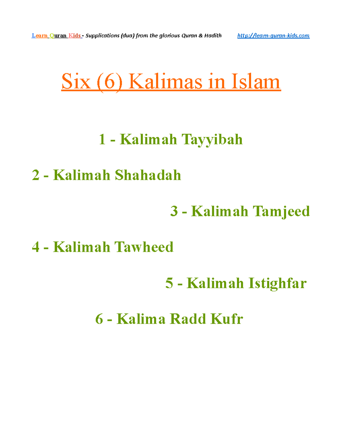 Islam Six 6 Kalmay - Fluids dynamic notes - Six (6) Kalimas in Islam 1 ...