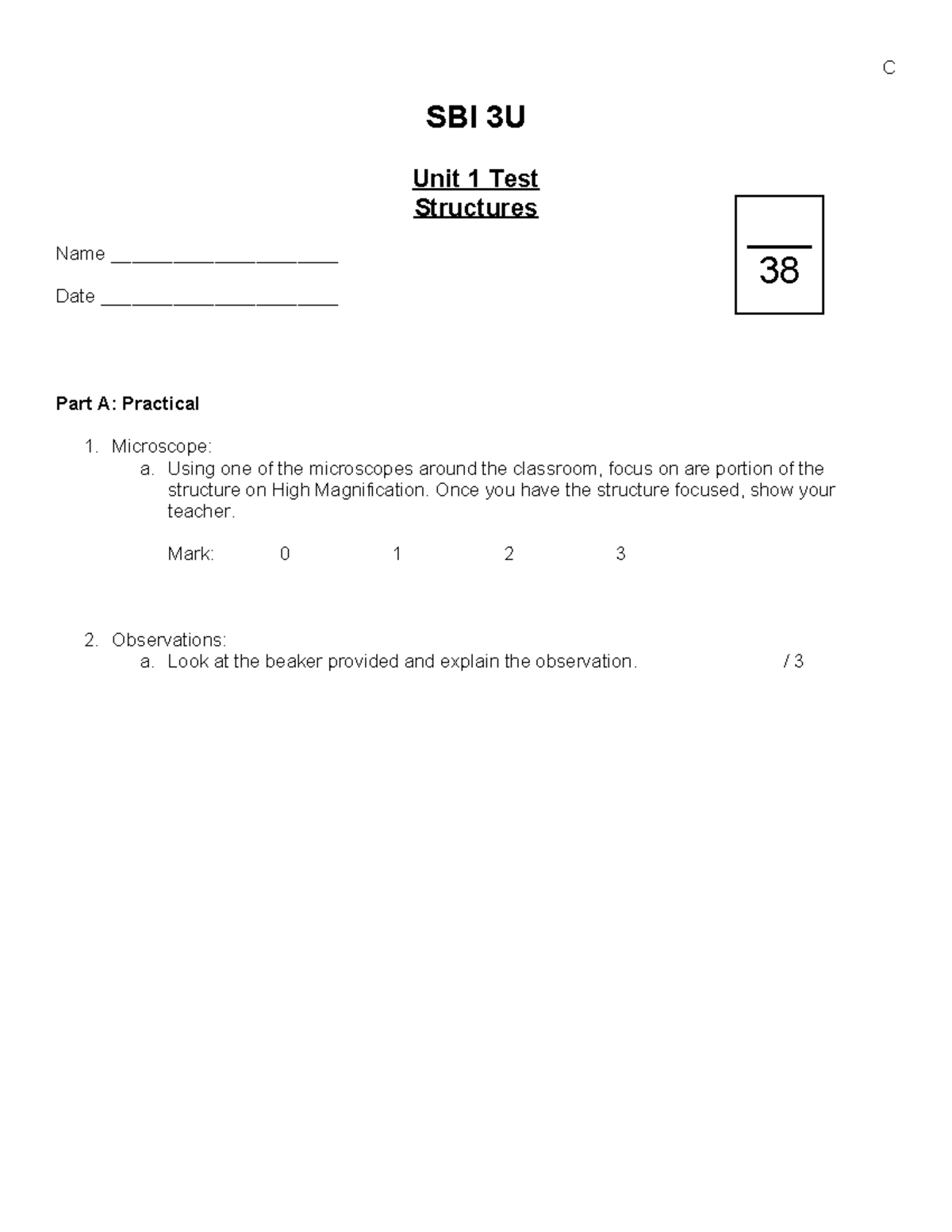 99 - Unit 1 Test - Biology - SBI 3U Unit 1 Test Structures Name ...