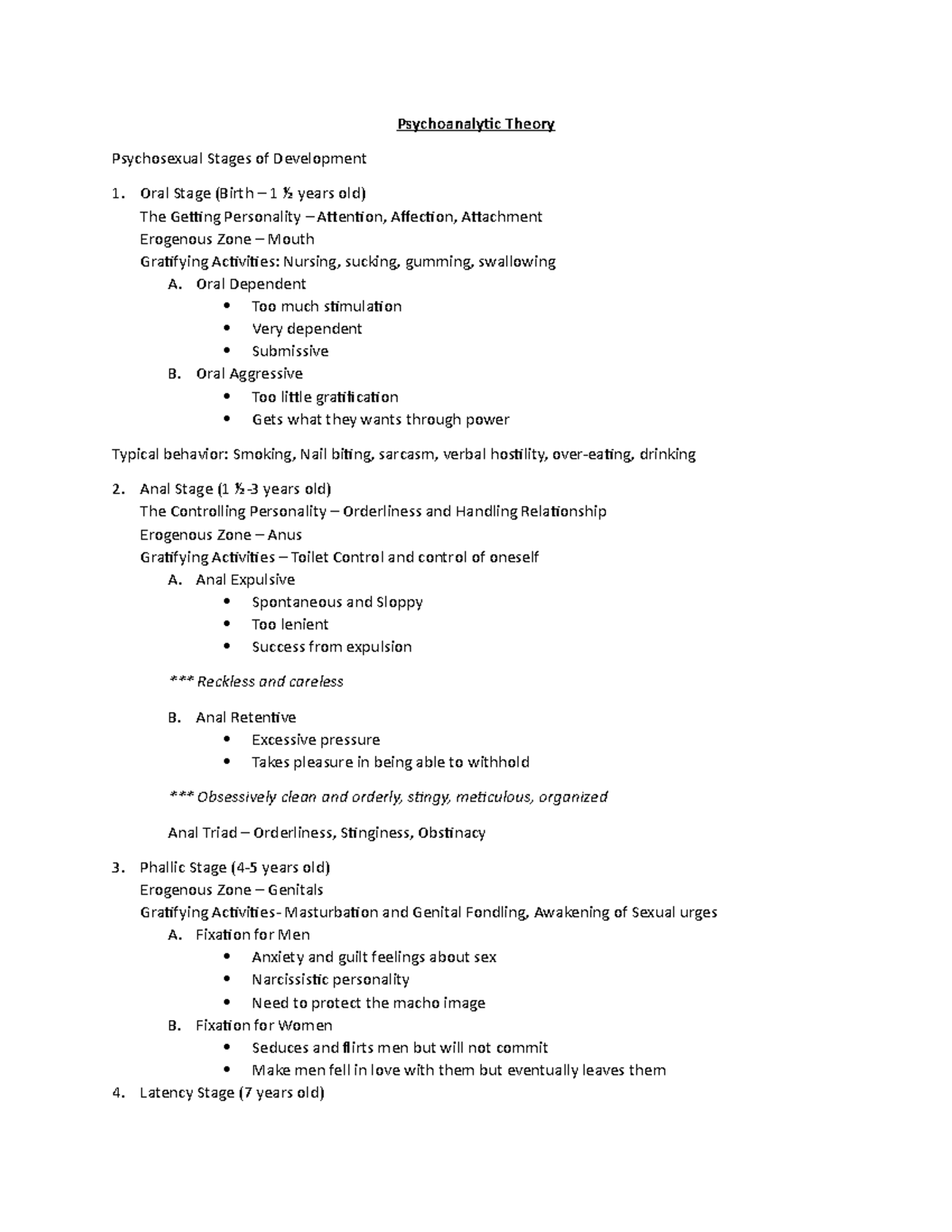 Theories of Personality Summary - Psychoanalytic Theory Psychosexual ...