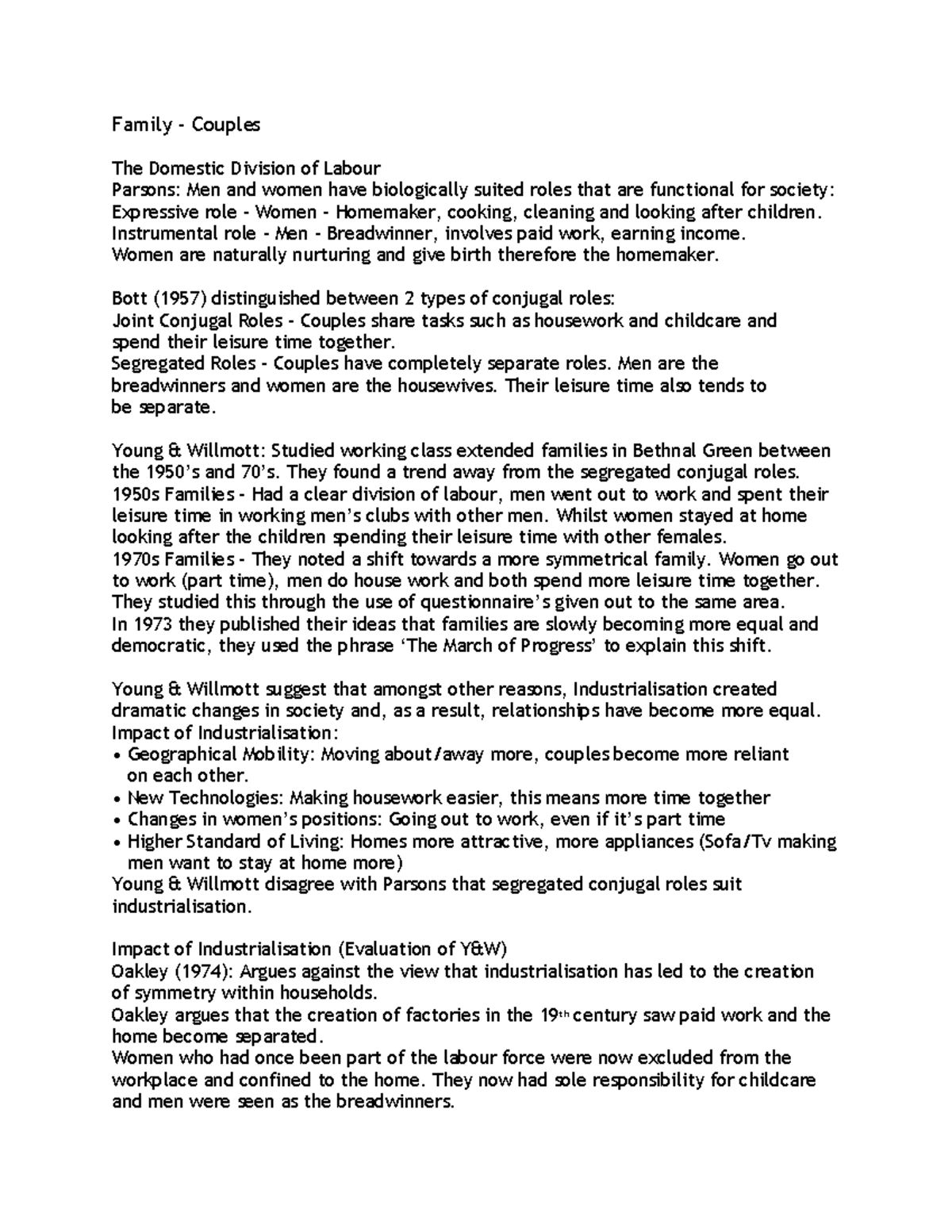 Family - Couples - The Domestic Division of Labour, Bott - Conjugal ...