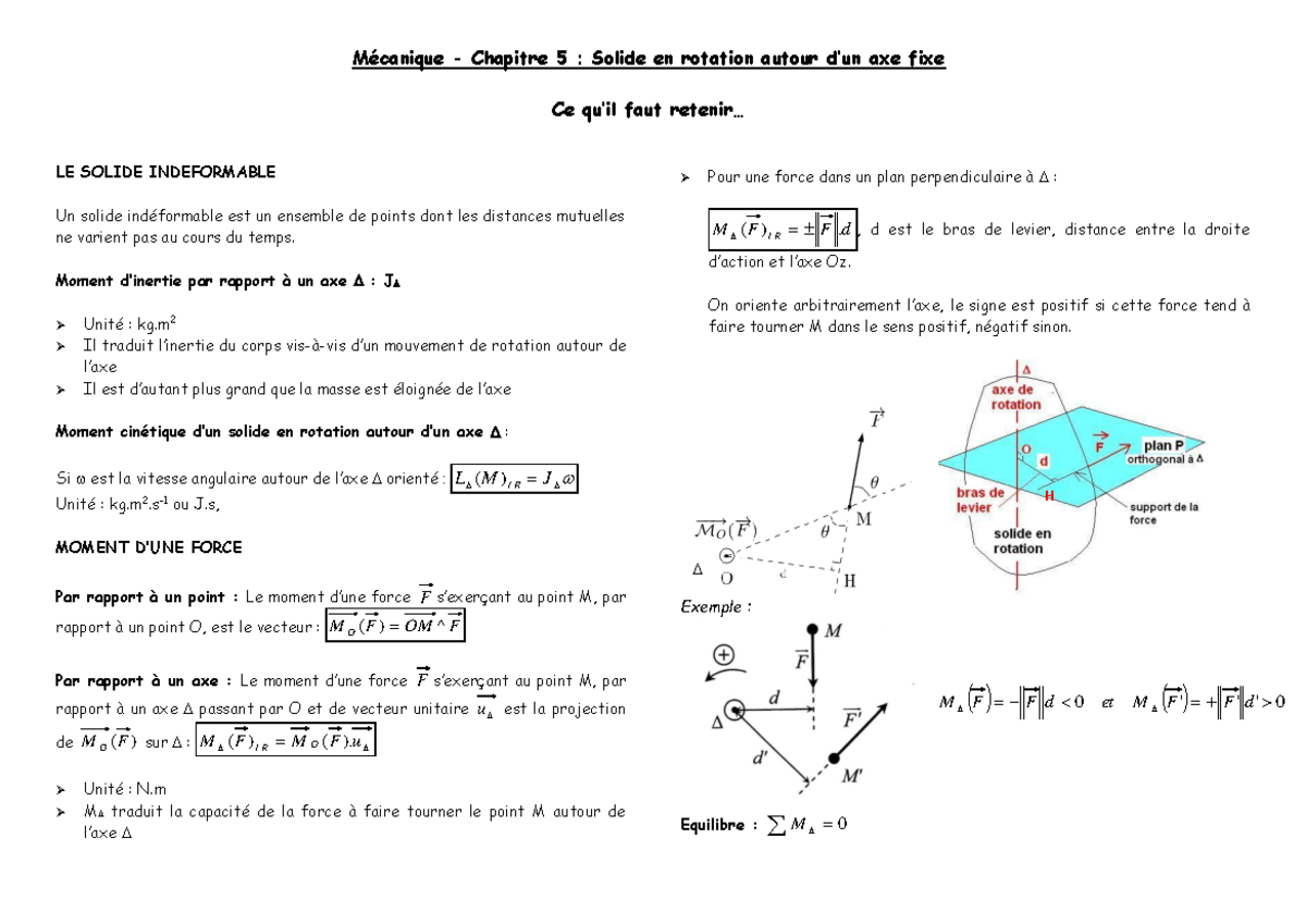 Solide en rotation autour d un axe fixe cours - Mécanique - Chapitre 5 ...