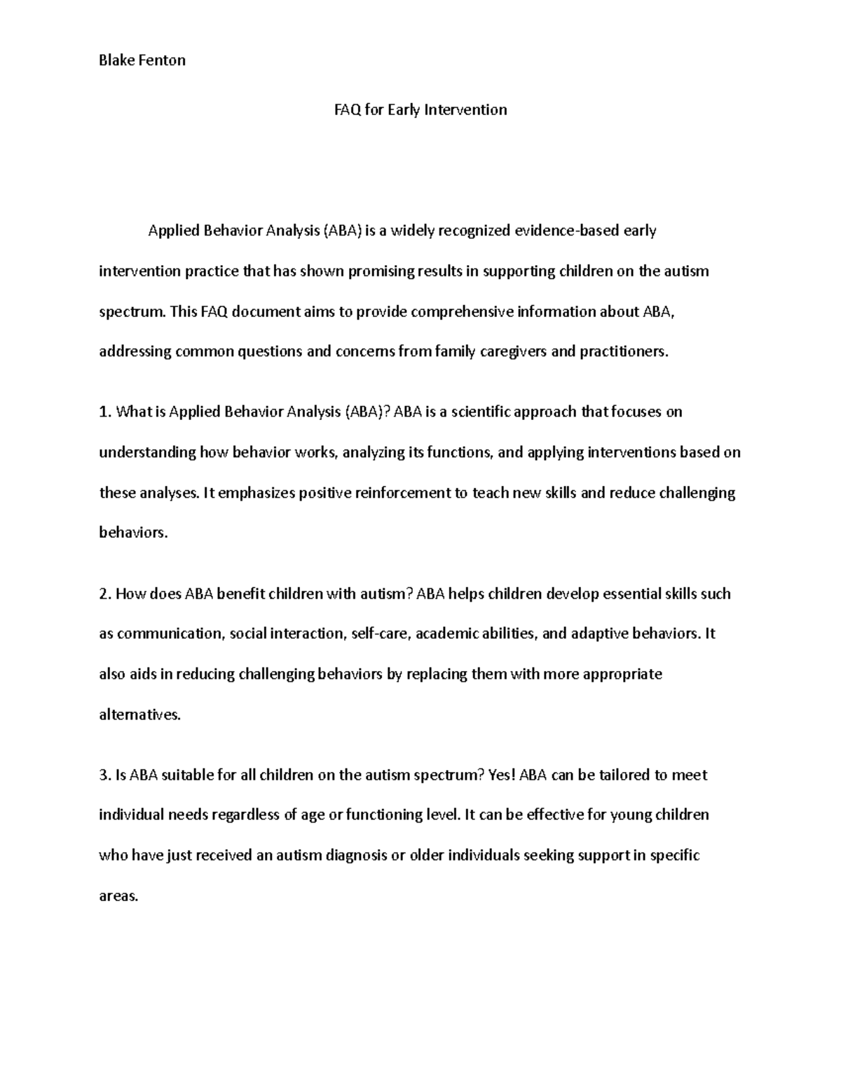 FAQ for Early Intervention - FAQ for Early Intervention Applied ...