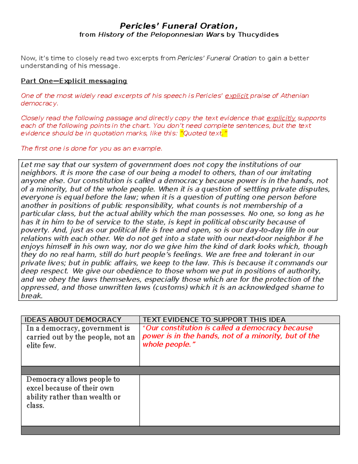 Close Reading Pericles' Funeral Oration - Pericles’ Funeral Oration ...