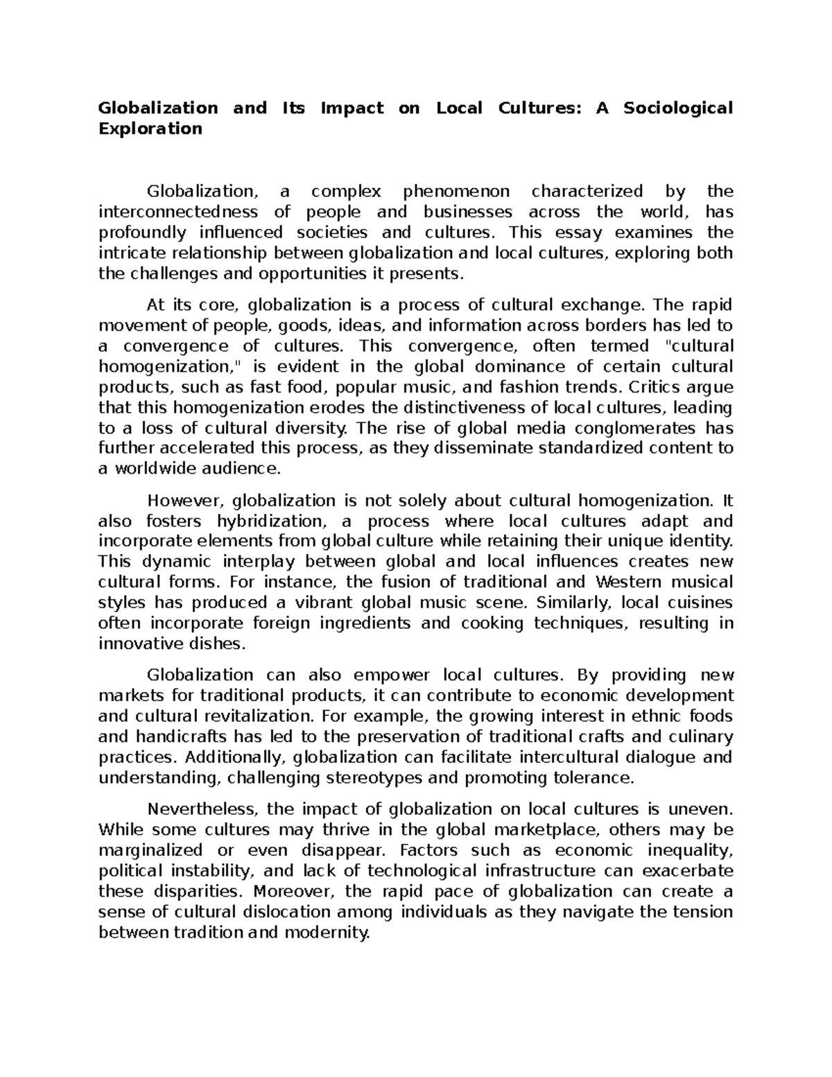 Globalization and Its Impact on Local Cultures A Sociological ...