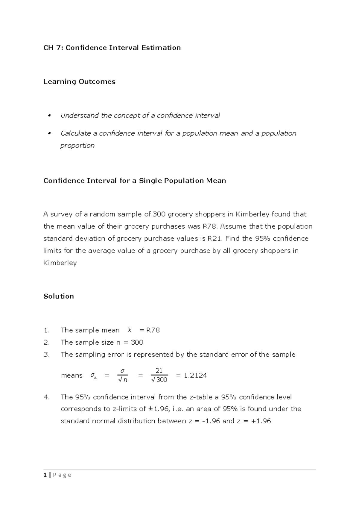 Unit 7 Confidence Intervals - CH 7: Confidence Interval Estimation Learning Outcomes Understand ...