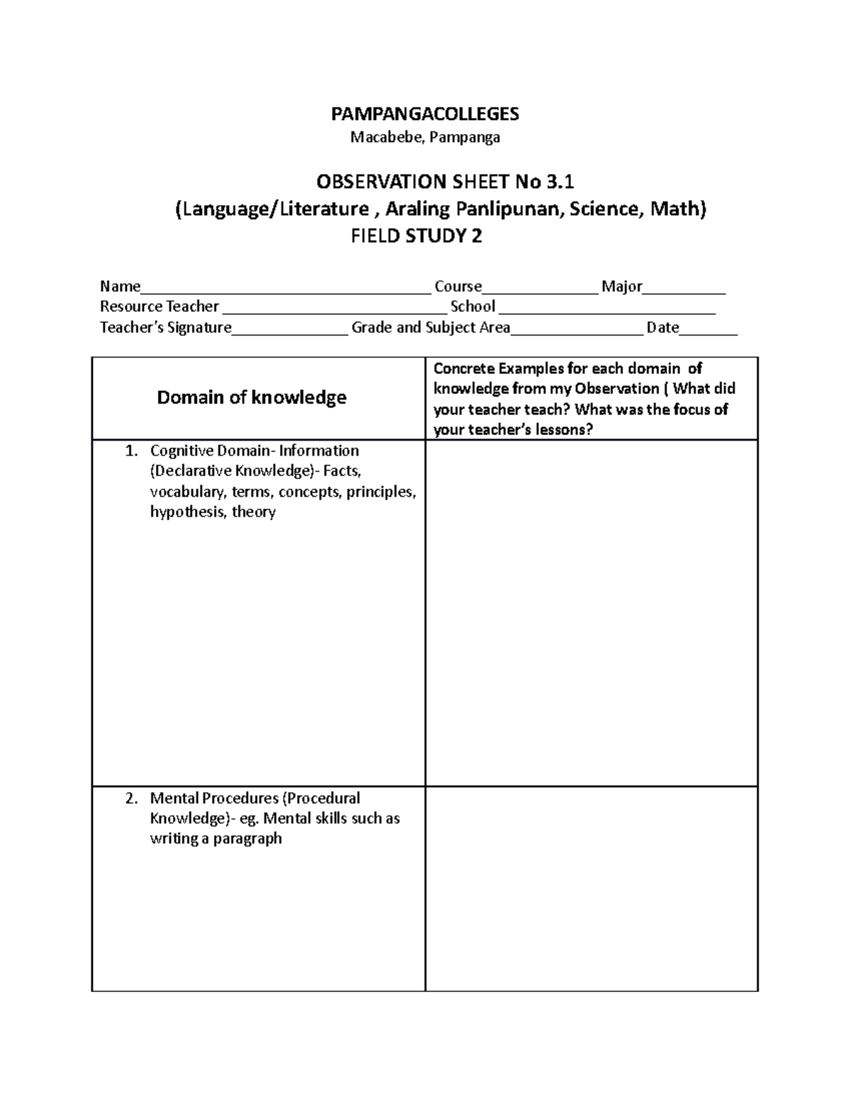 Observation-sheet-3 - field study 2 - PAMPANGACOLLEGES Macabebe ...