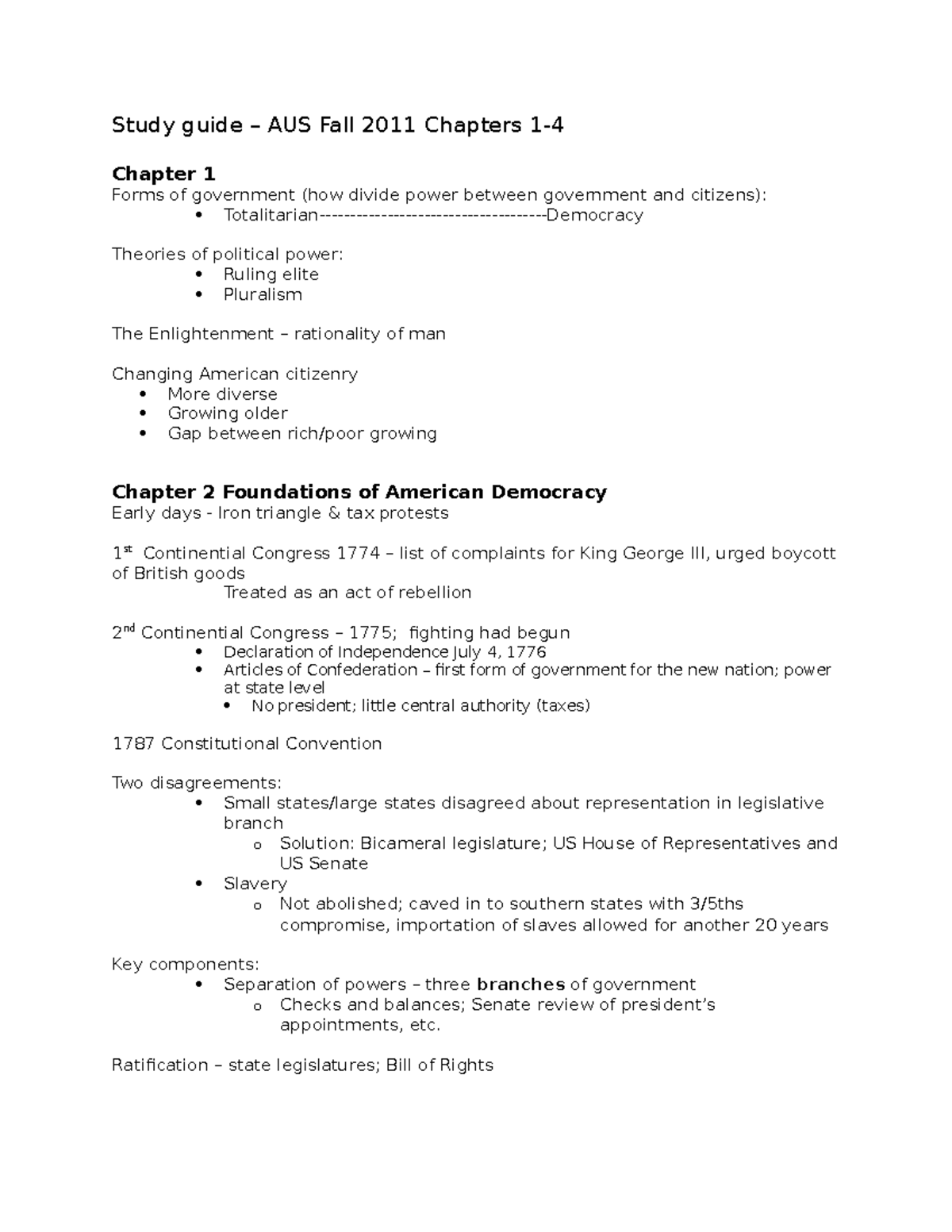 Study guide chapters 1-4 - Study guide – AUS Fall 2011 Chapters 1-4 ...