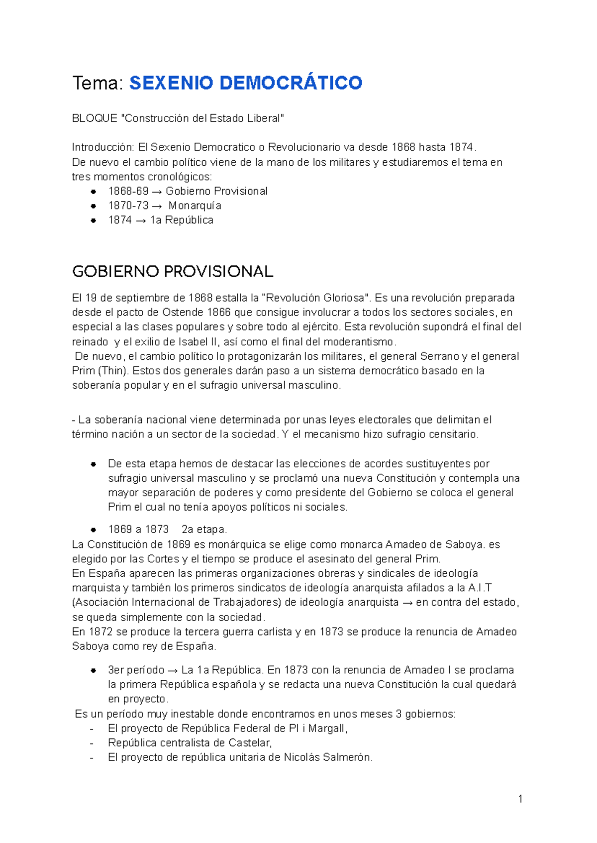 Tema- Sexenio Democrático - Tema: SEXENIO DEMOCRÁTICO BLOQUE "Construcción del Estado - Studocu