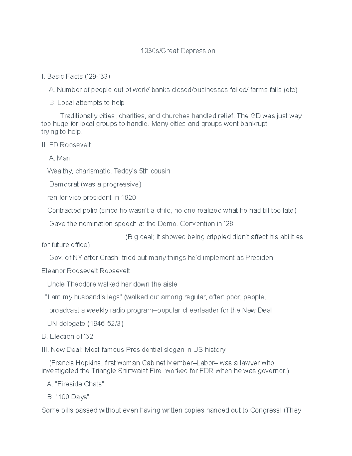 HIST 1023: Lecture Notes (1930s) - Depression I. Basic Facts A. Number ...