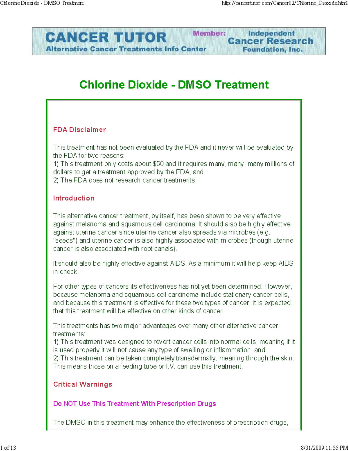 Chlorine Dioxide - DMSO Tr - Chlorine Dioxide - DMSO Treatment FDA Disclaimer This treatment has ...