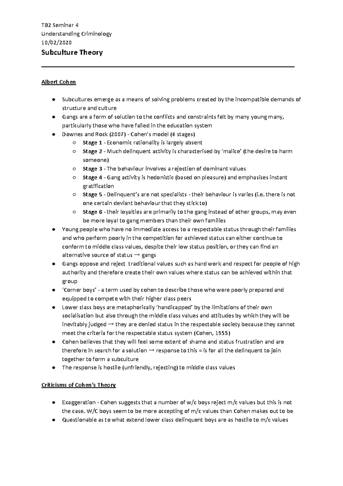 S4 Subculture Theory - TB2 Seminar 4 Understanding Criminology 10/02 ...