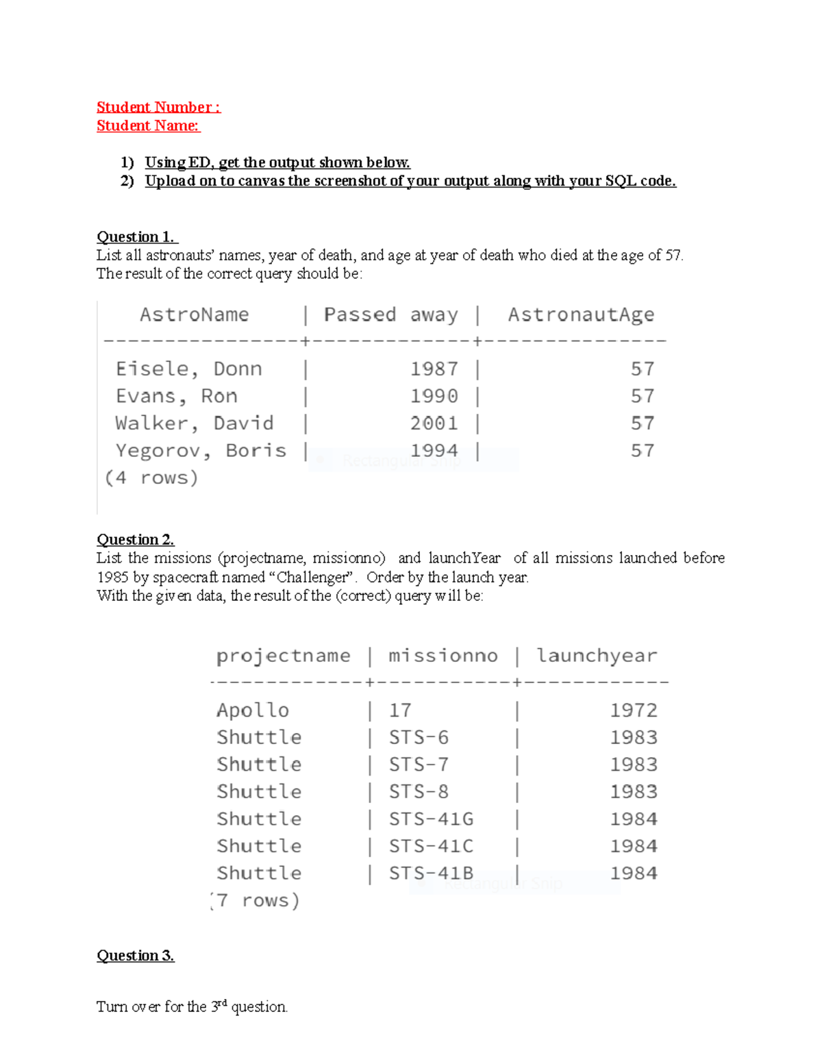 SQL TEST1 ONLY Questions Aut 2023-1 - Student Number : Student Name ...