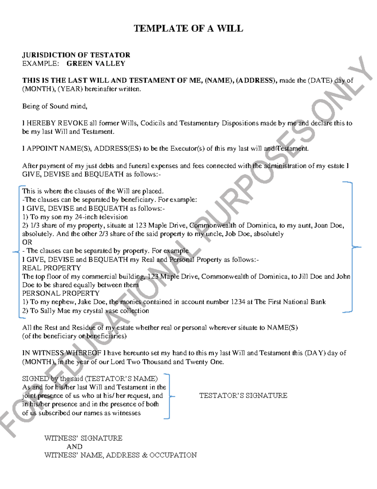 Template of a Will - TEMPLATE OF A WILL JURISDICTION OF TESTATOR ...