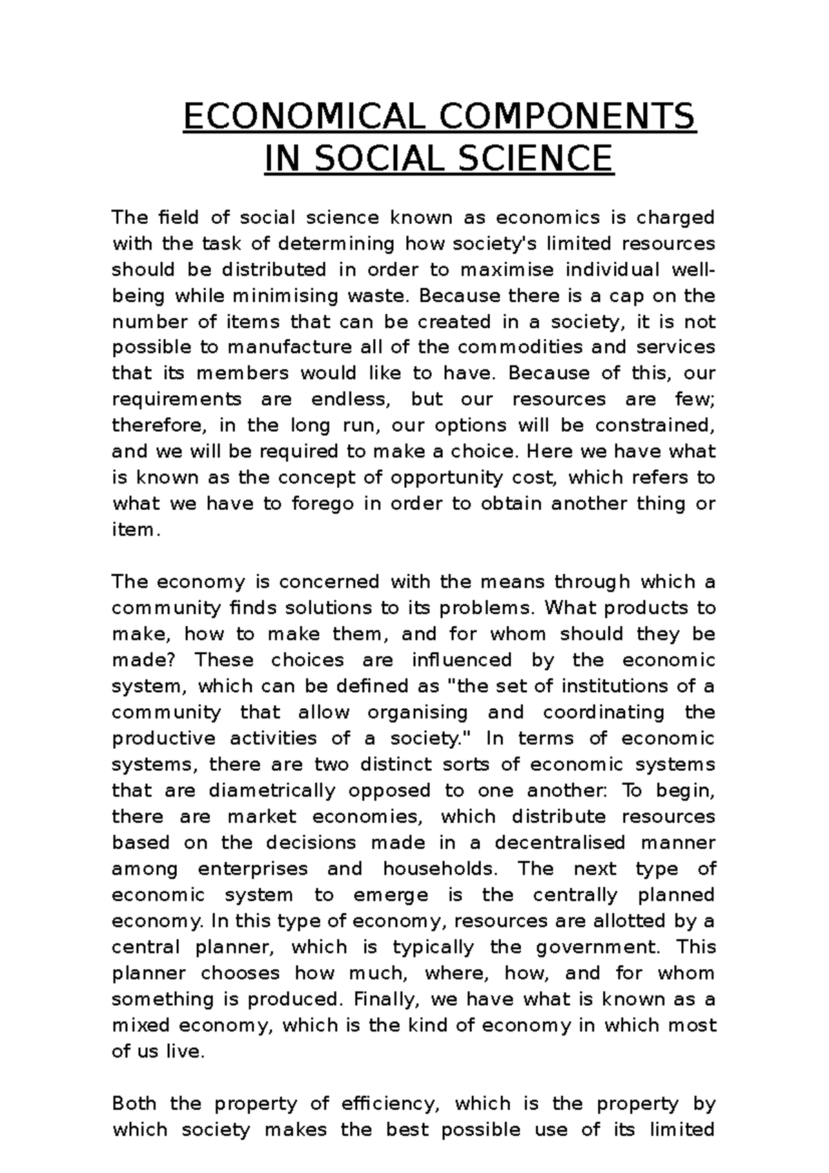 Economical Components IN Social Science - ECONOMICAL COMPONENTS IN ...