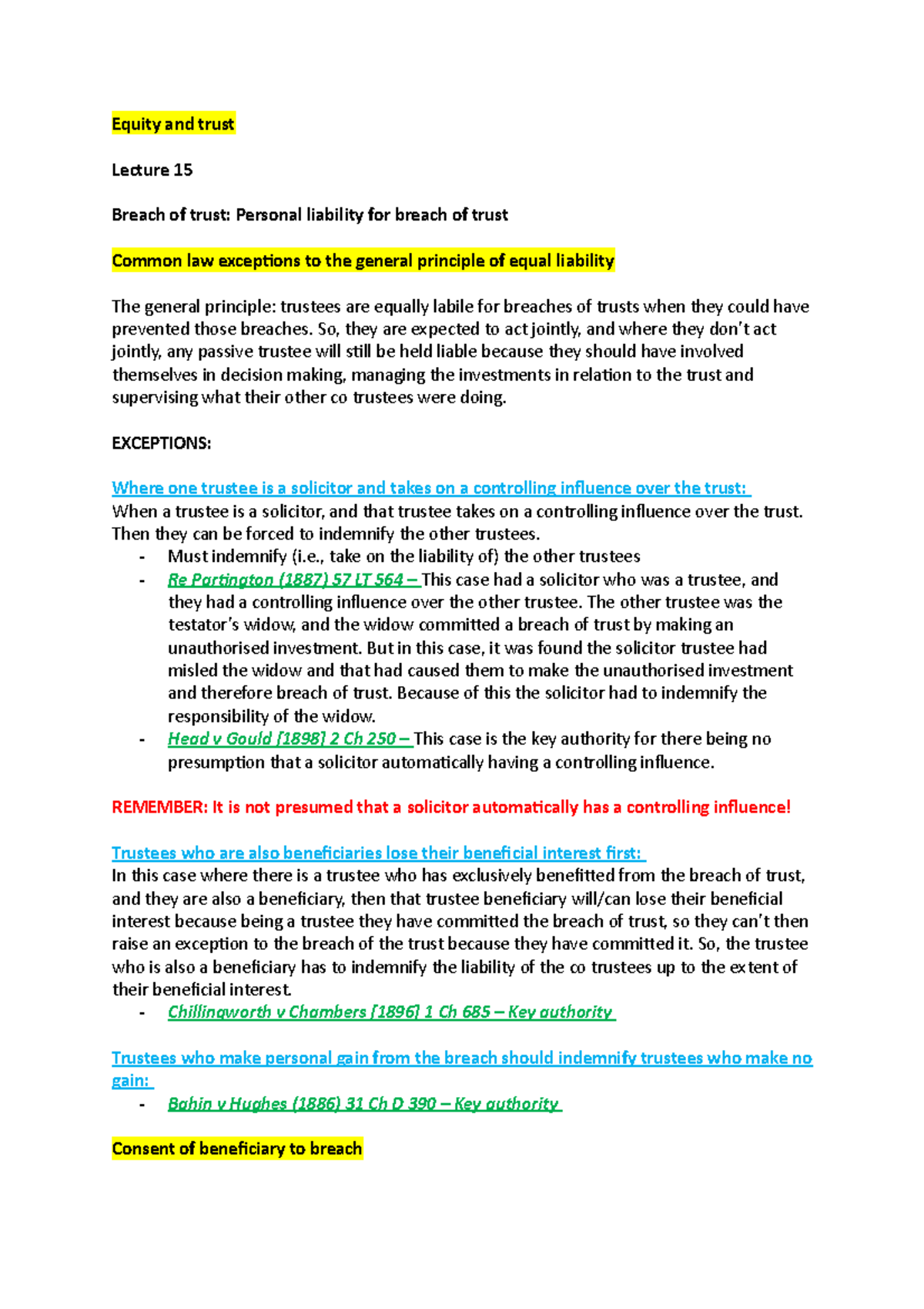 Lecture 15 and 16 Breach of trust- Personal liability for breach of ...