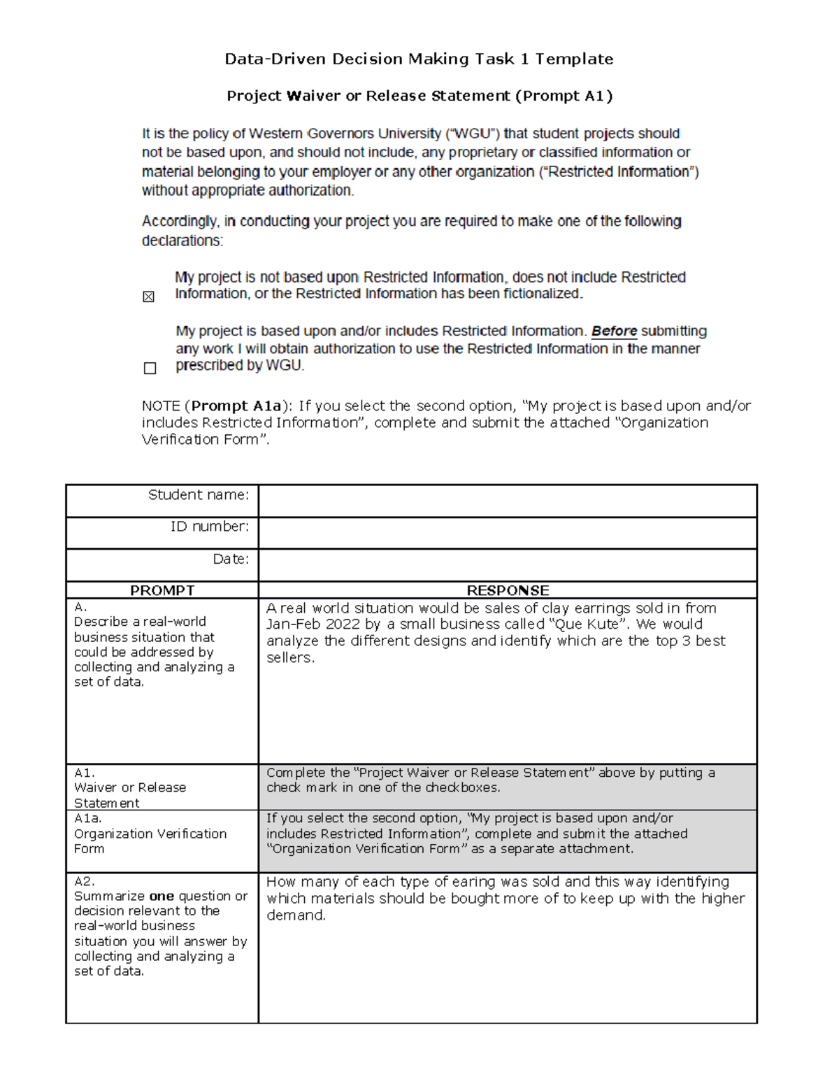Decision Making Task 1 Template Project Waiver or Release Statement ...