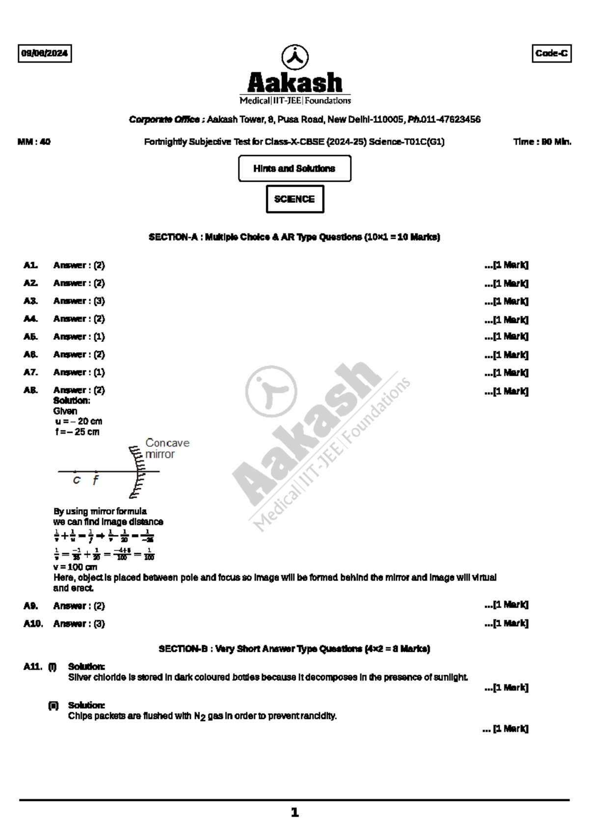 FST-1C (CBSE G-1) Science (C-10) (09-06-2024) SOL - Aakash Medical ...