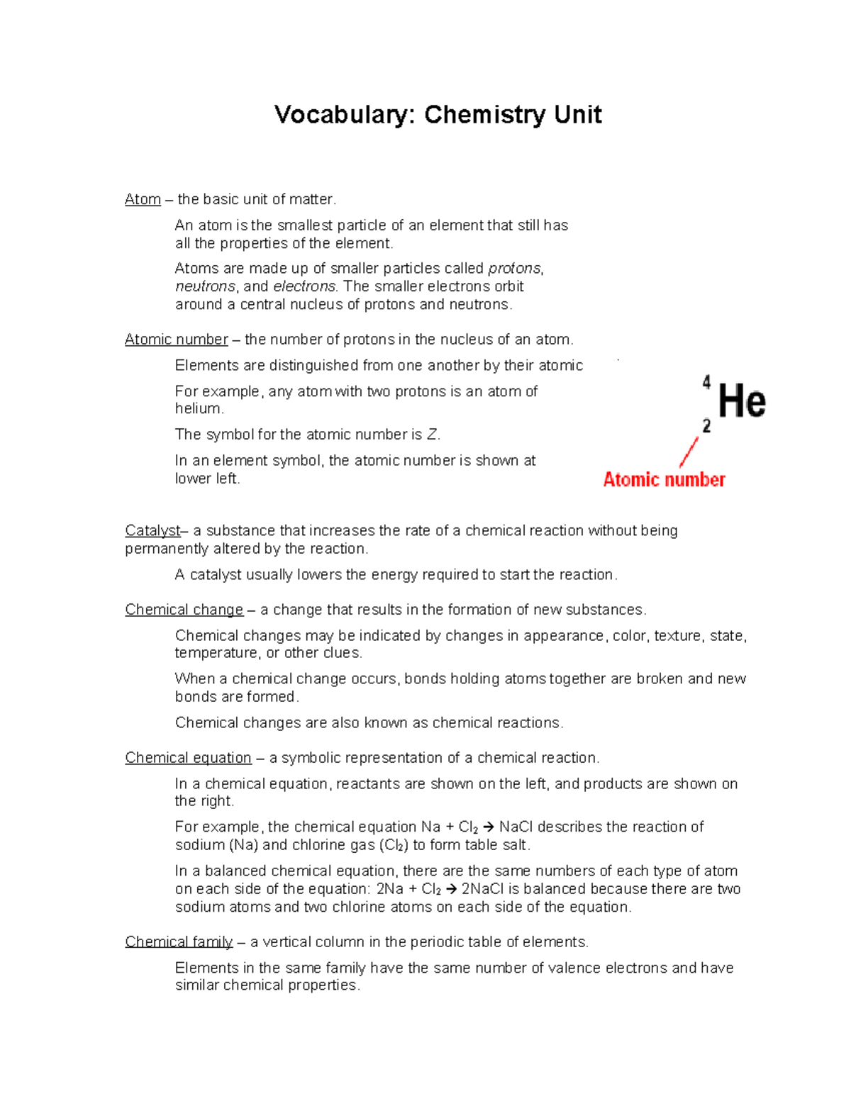Chemistry Unit Vocabulary Sheet - Vocabulary: Chemistry Unit Atom – the ...