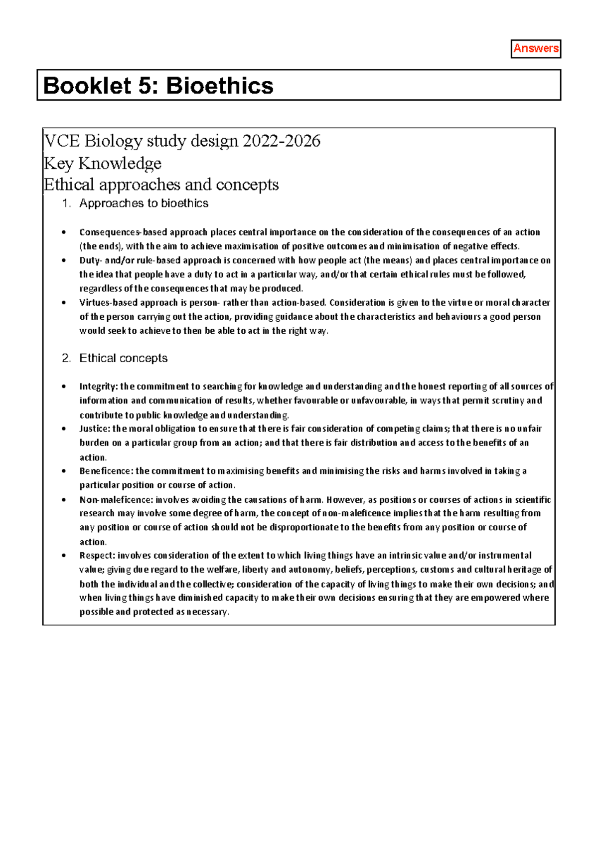 Answers Booklet 5 Bioethics 2024 - 2022 Booklet 5: Bioethics VCE ...