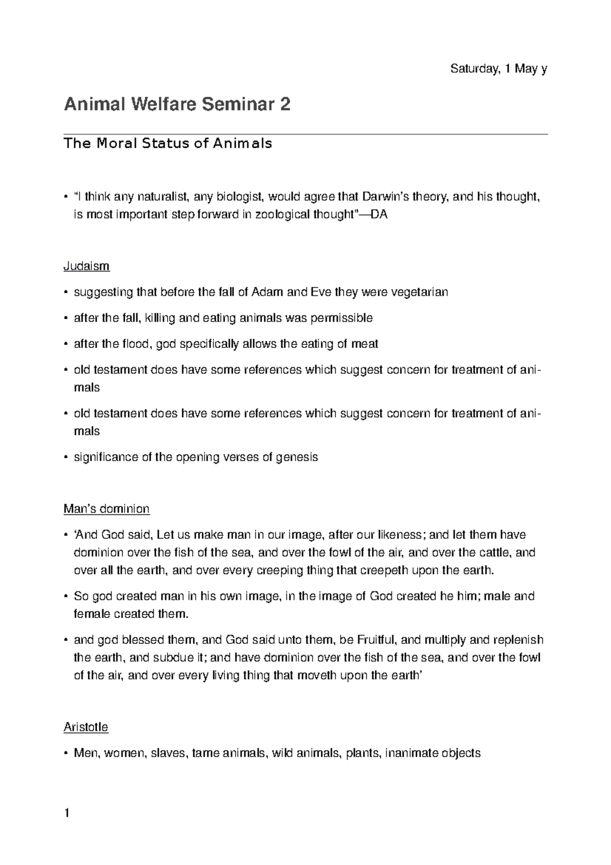 Seminar 2 - Lecture notes 2 - Animal Welfare Seminar 2 The Moral Status ...
