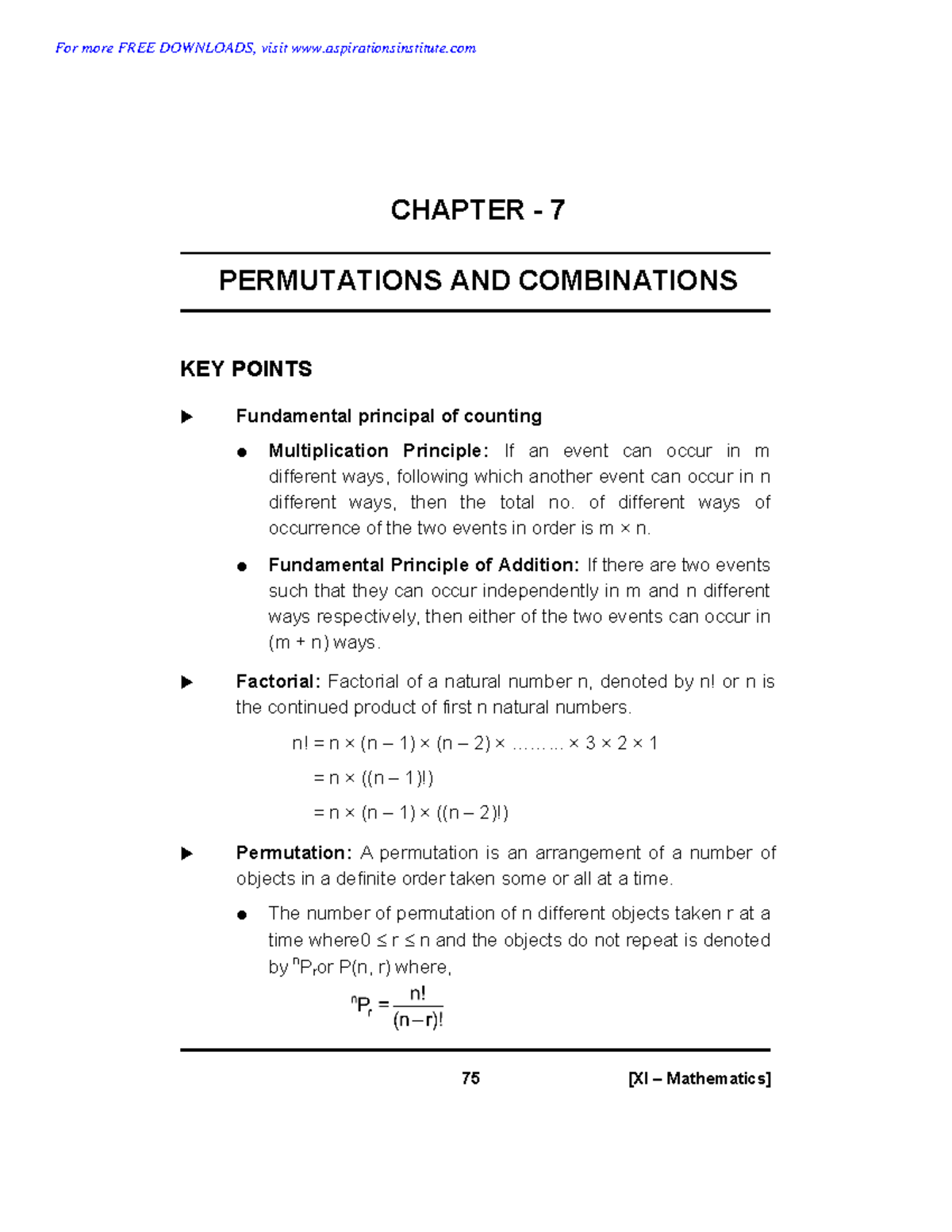 11 Maths Permutations and Combinations Notes Assignments - CHAPTER - 7 ...