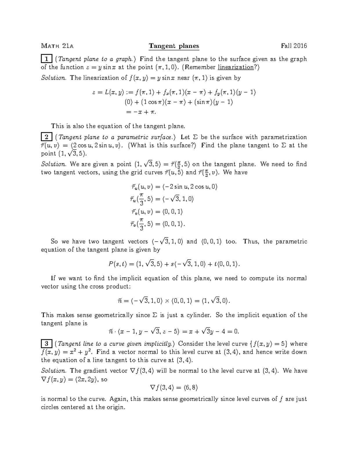 14 - Gradient and tangent spaces solutions - Math 21a Tangent planes ...