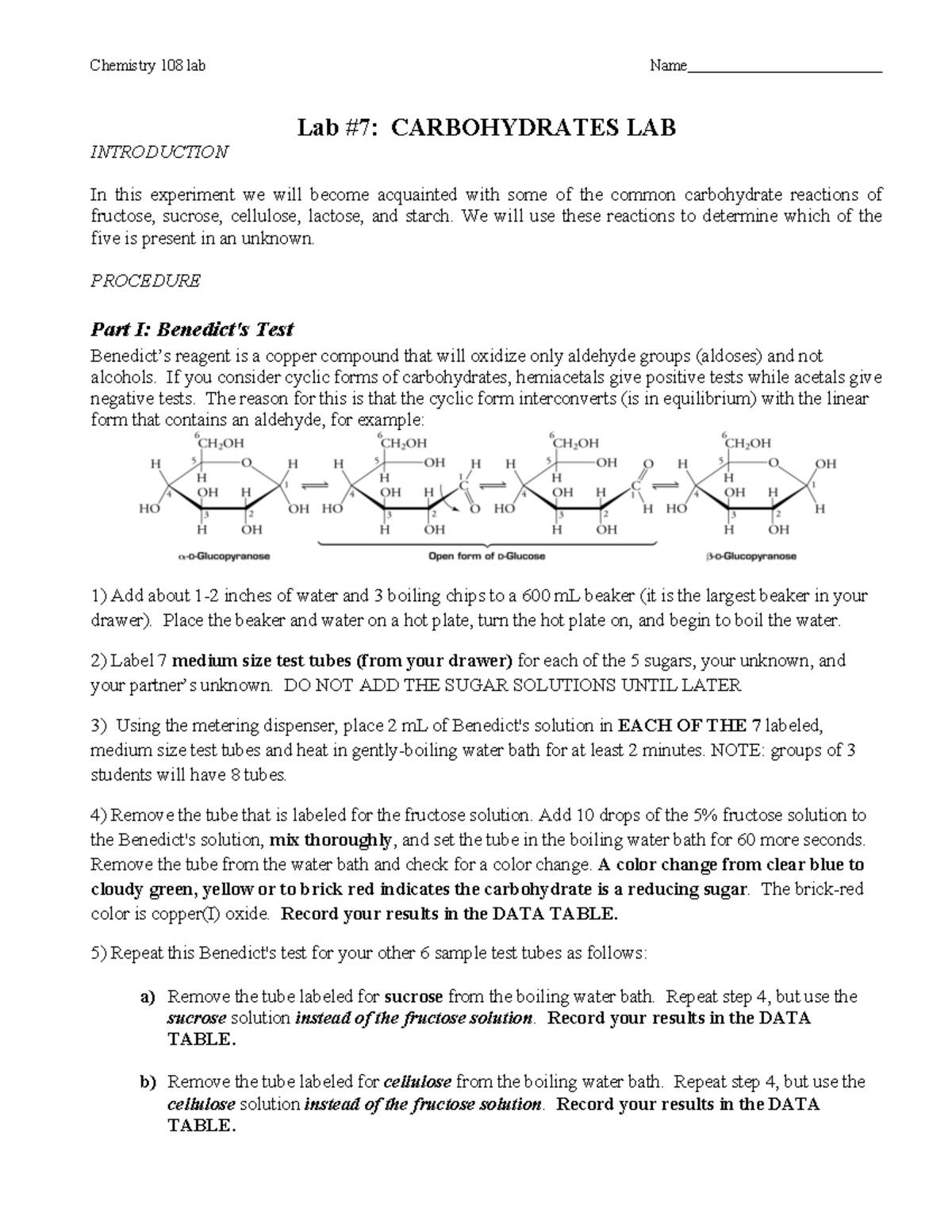 Lab 07 - Carbohydrate - Chemistry 108 lab Name ...