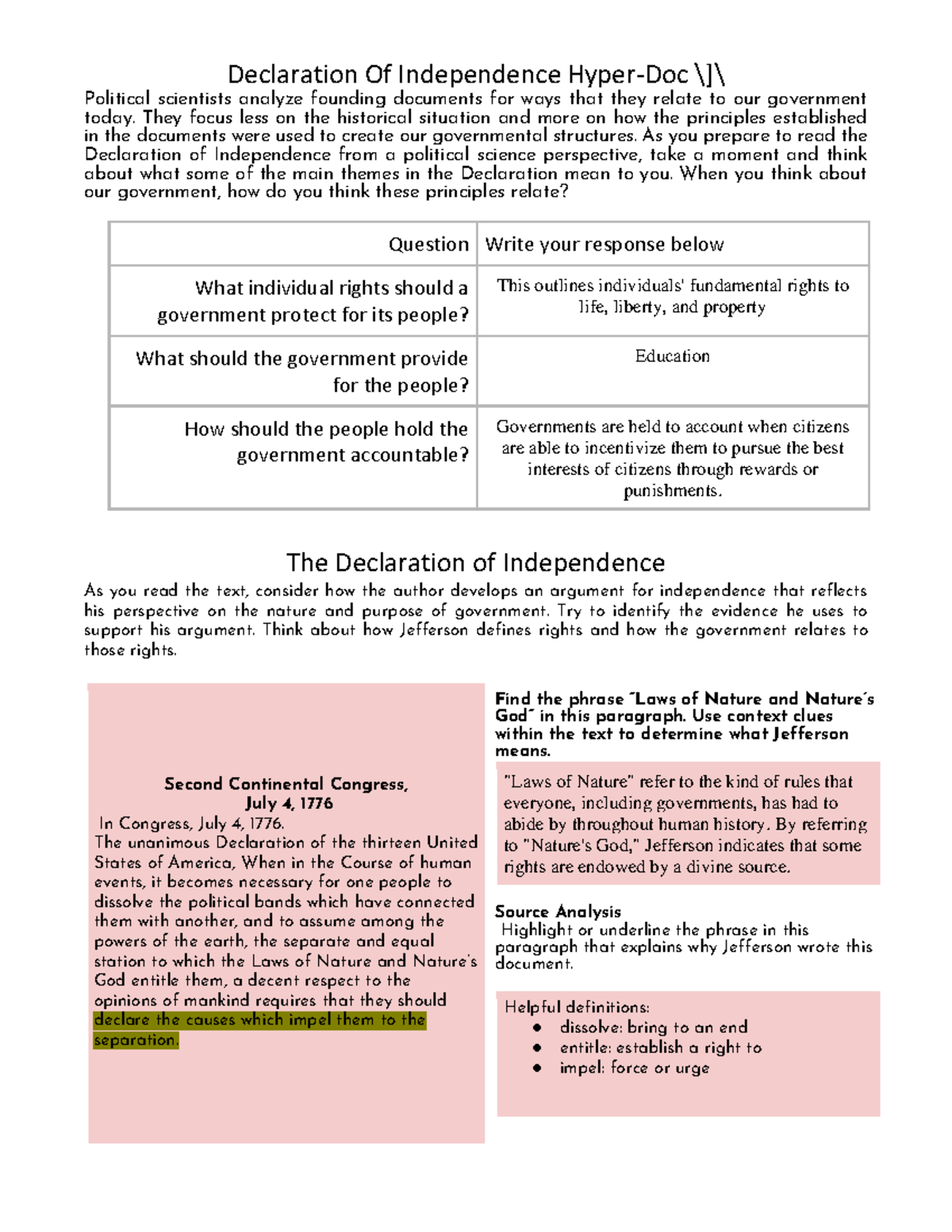 Declaration of Independence - They focus less on the historical ...