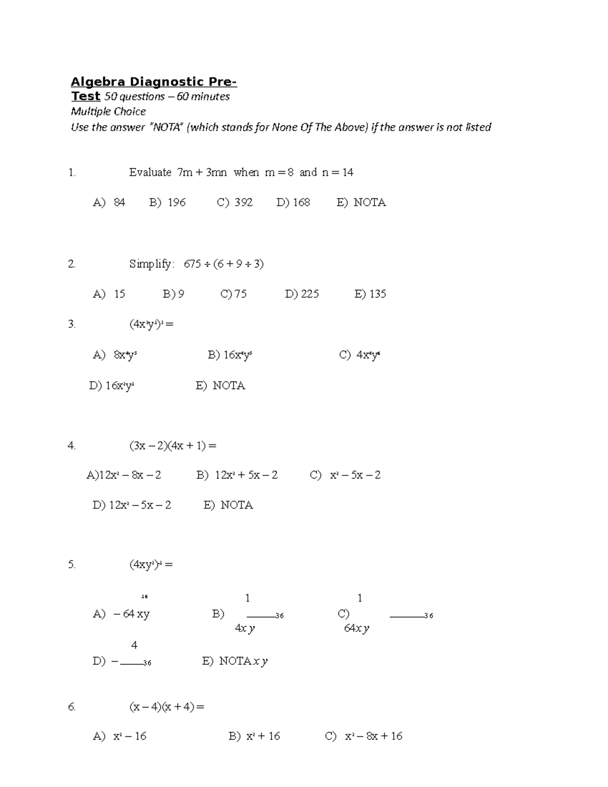 Few Examples of Algebra Practice Test - Algebra Diagnostic Pre- Test 50 ...